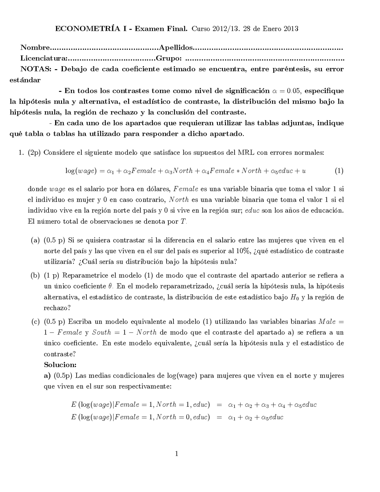 Econometría 01 2013 - Exámenes de Econometría - Docsity