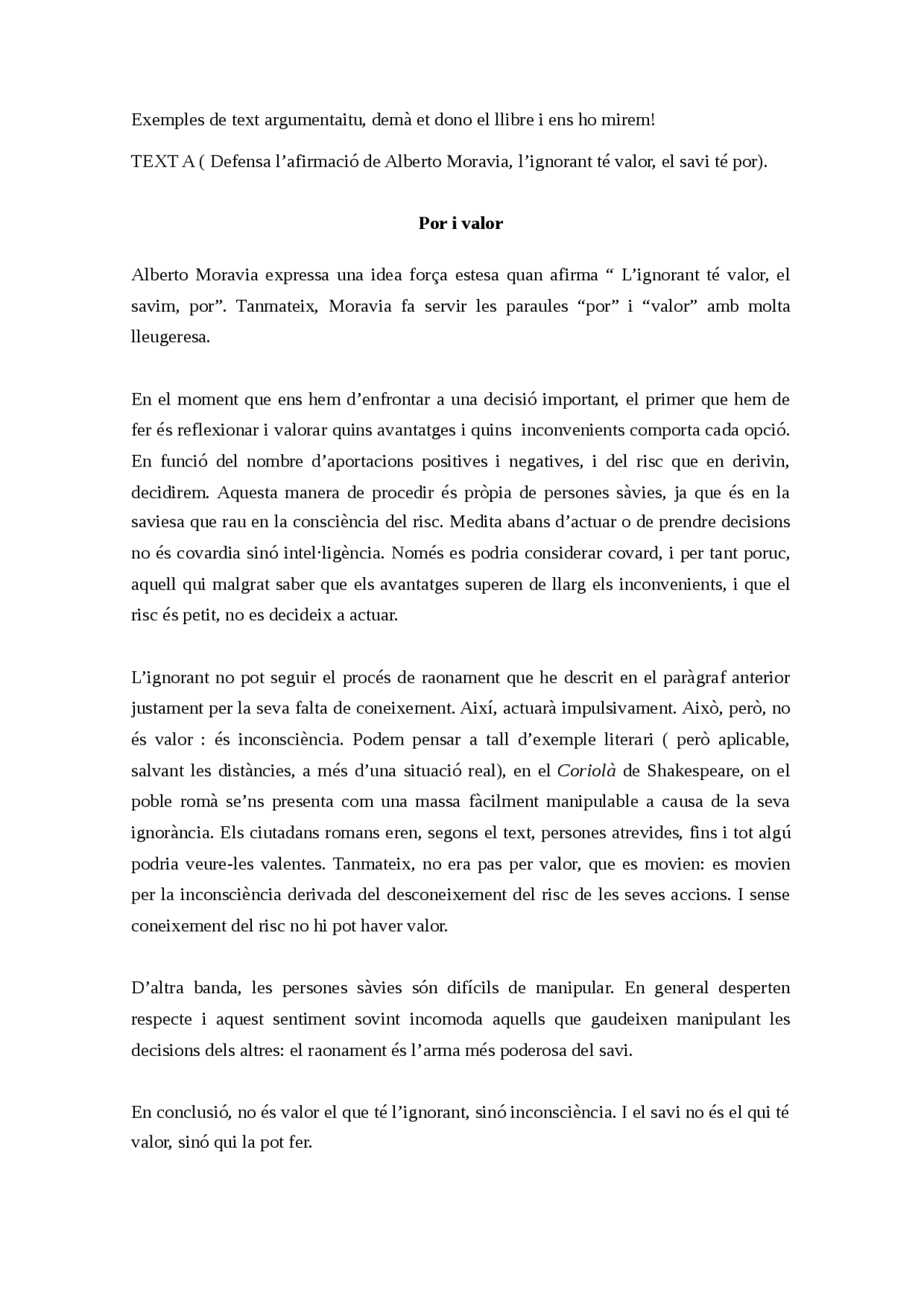 Exemples textos argumentatius - Ejercicios de Idioma Catalán - Docsity