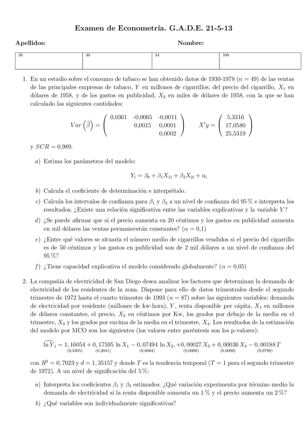 Econometría 05 2013 - Exámenes de Econometría - Docsity