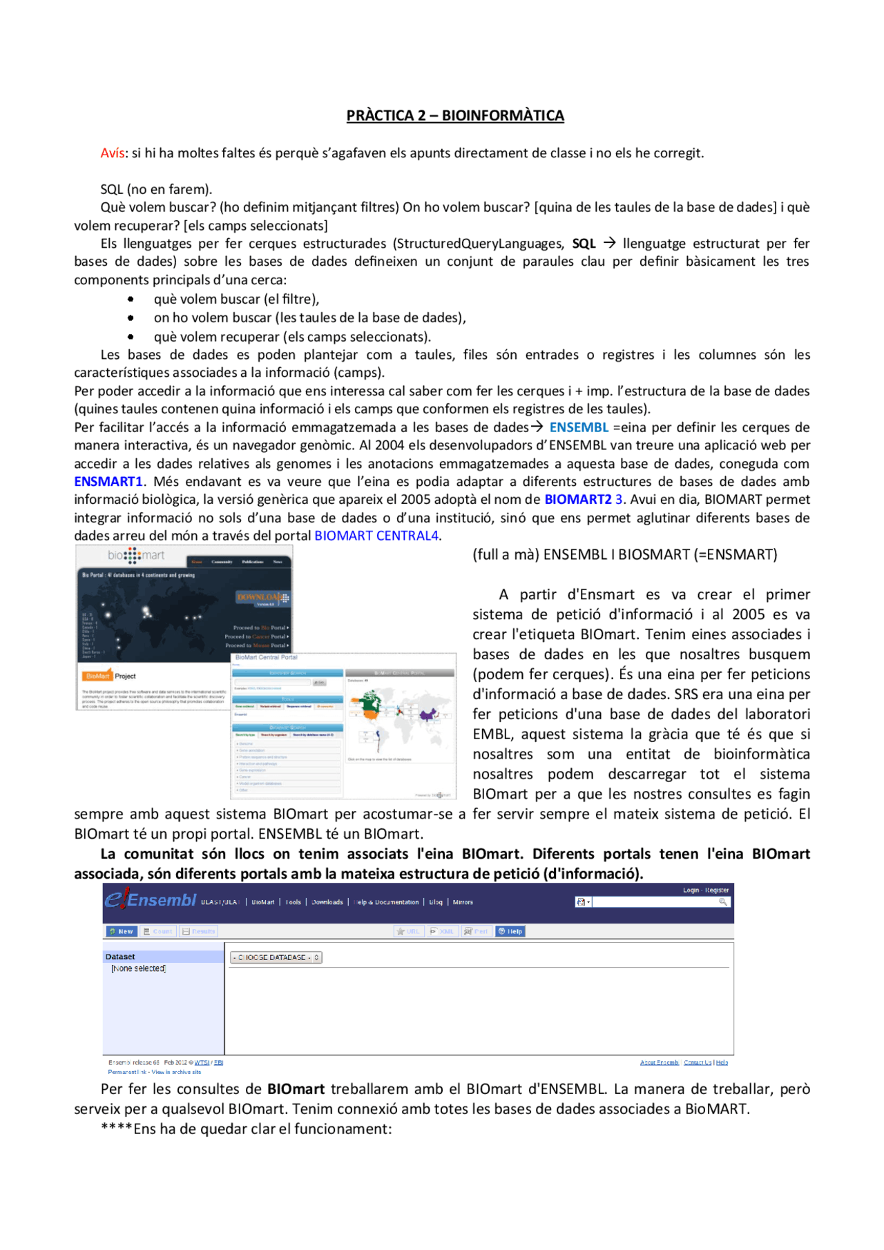 Resum pràctica 2 bioinformàtica - Resúmenes de Bioinformática | Docsity