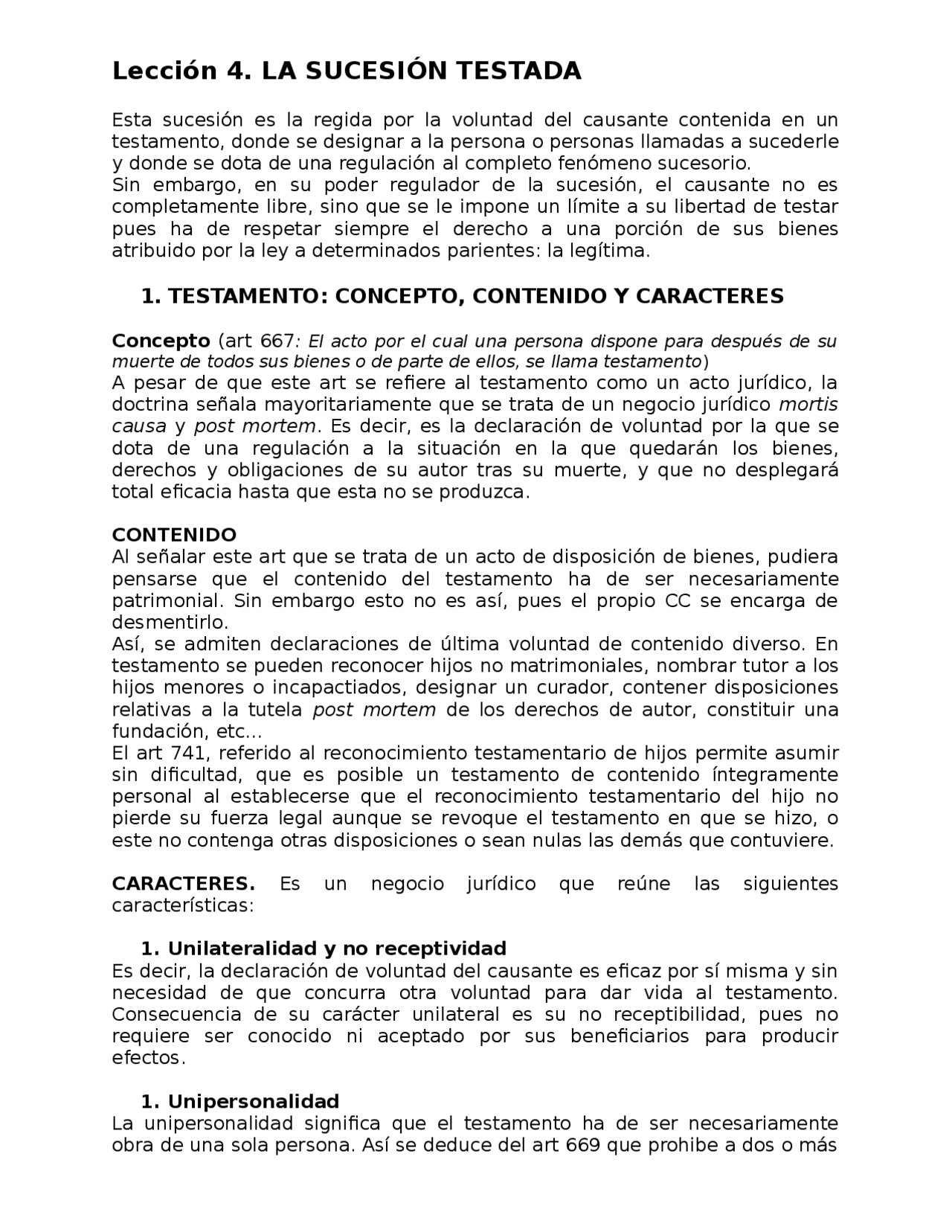 LA SUCESIÓN TESTADA - Apuntes de Derecho Civil - Docsity