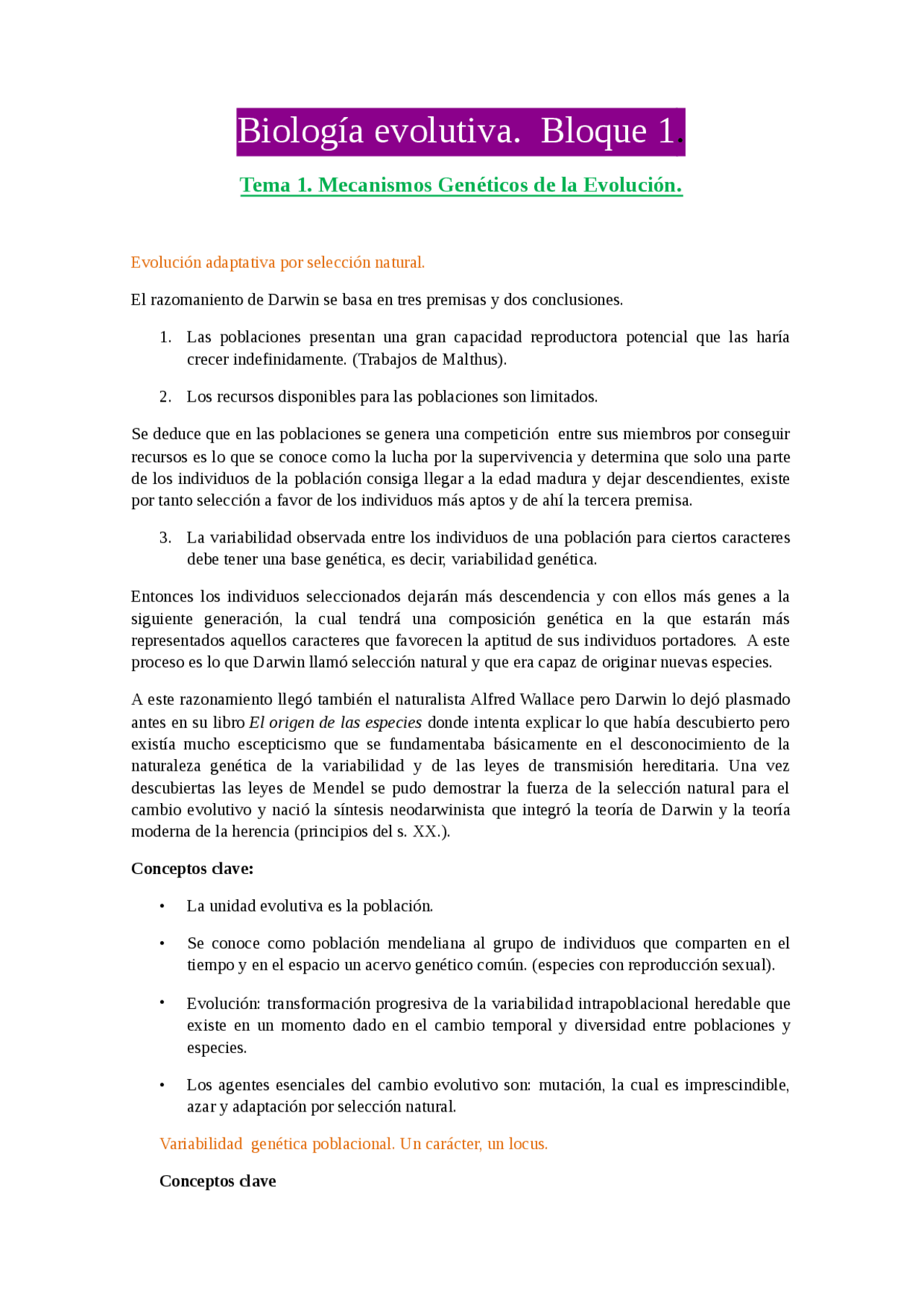 Biología evolutiva - Apuntes de Biología evolutiva - Docsity