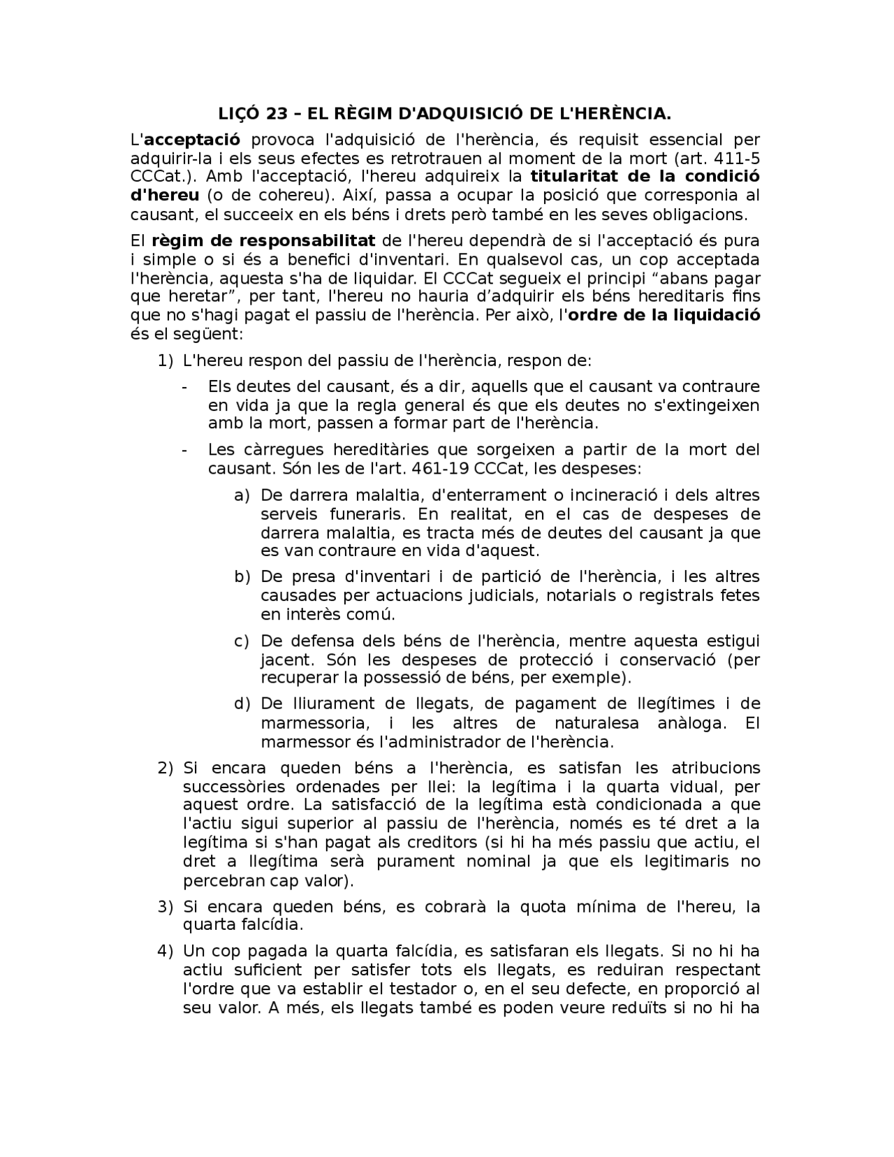 LIÇÓ 23 EL RÈGIM D'ADQUISICIÓ DE L'HERÈNCIA - Apuntes de Derecho | Docsity
