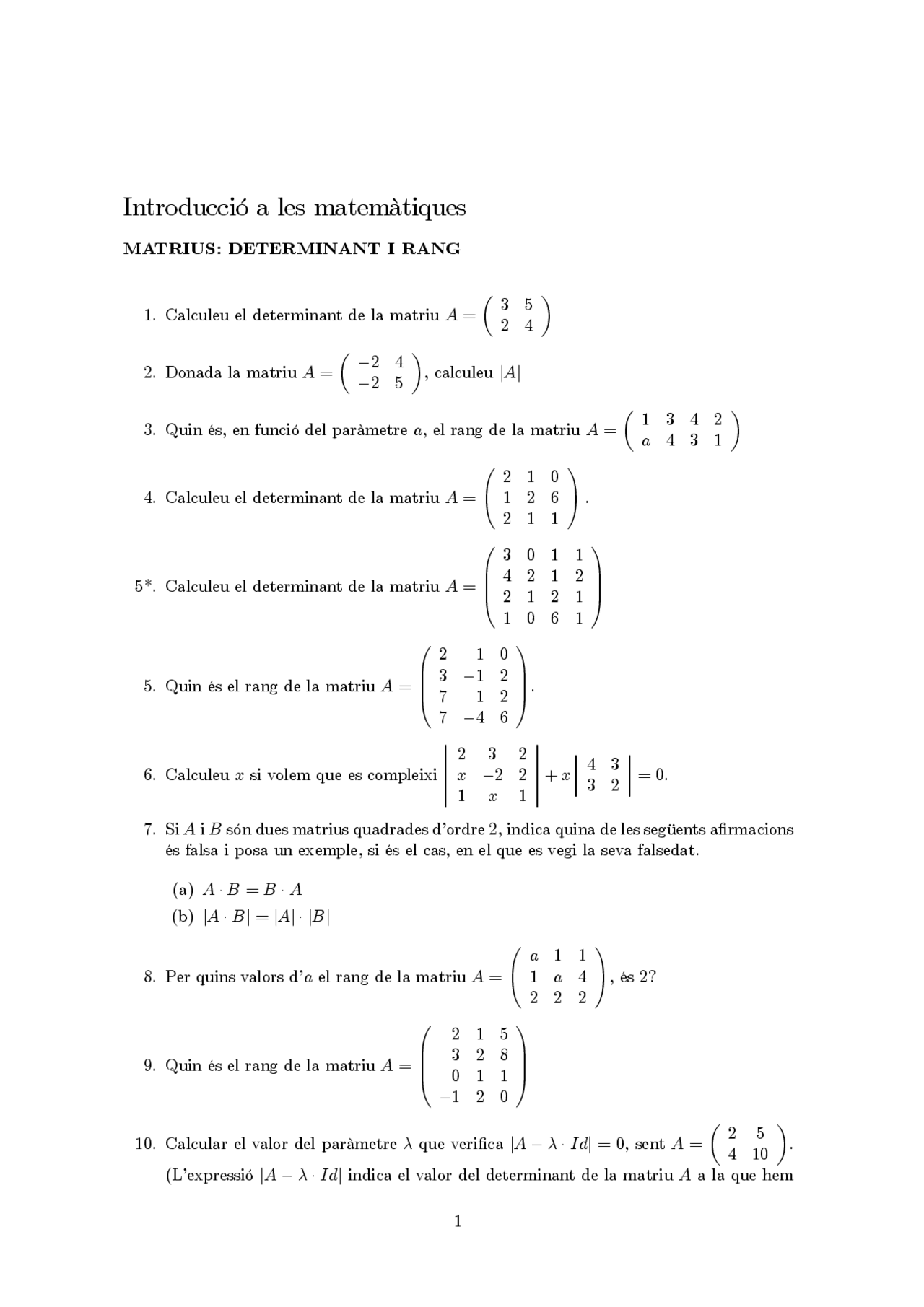 Exercicis matrius - Ejercicios de Matemáticas - Docsity