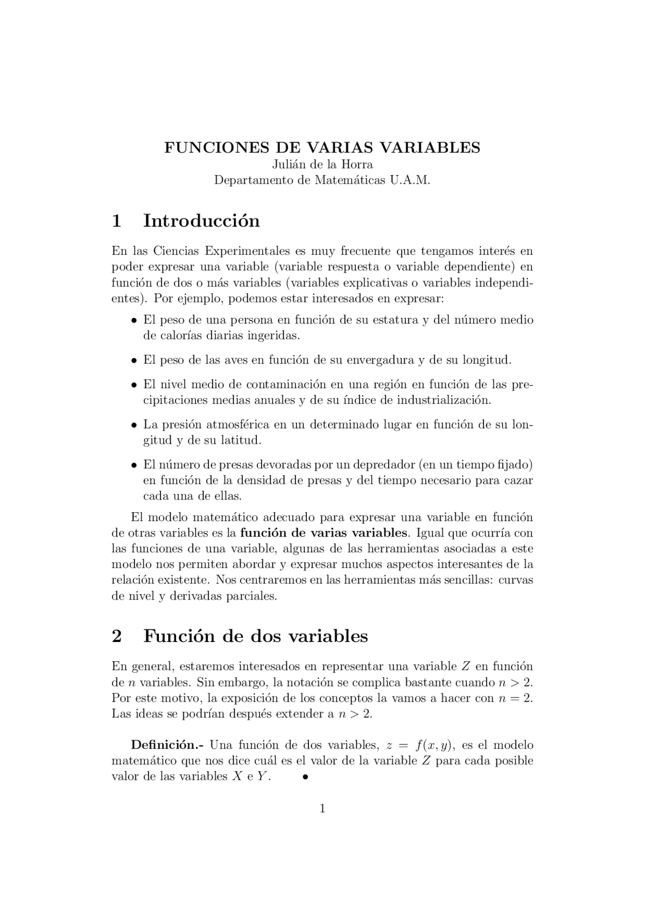 Funciones de varias variables - Apuntes de Matemáticas - Docsity