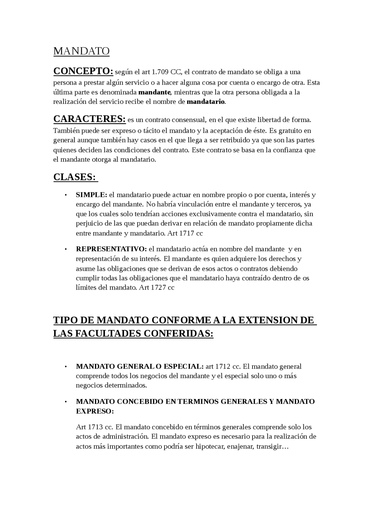 MANDATO CONCEPTO CARACTERES CLASES TIPO DE MANDATO CONFORME A LA EX ...