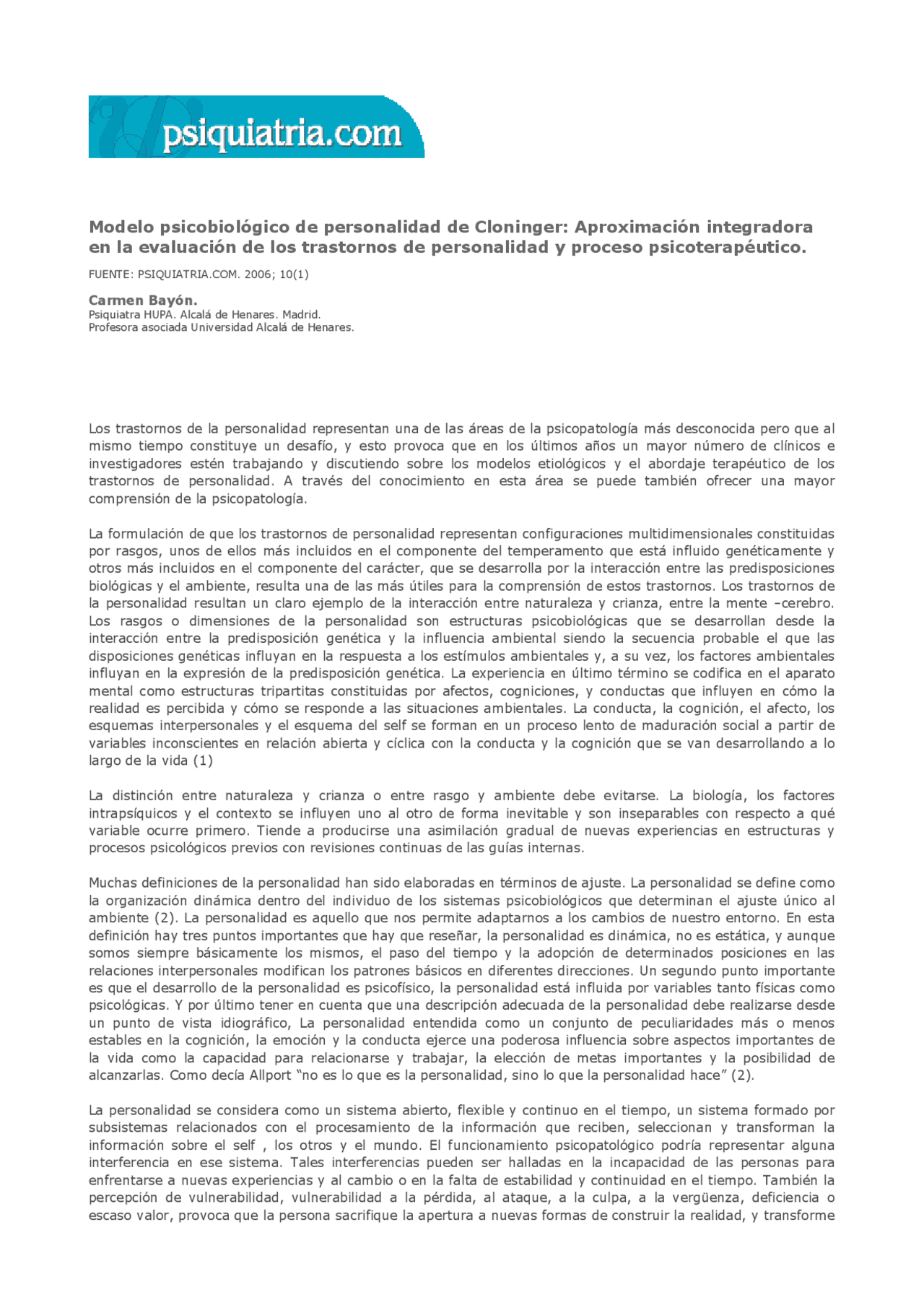 El model de Cloninger - Apuntes de Psicología de la Personalidad | Docsity