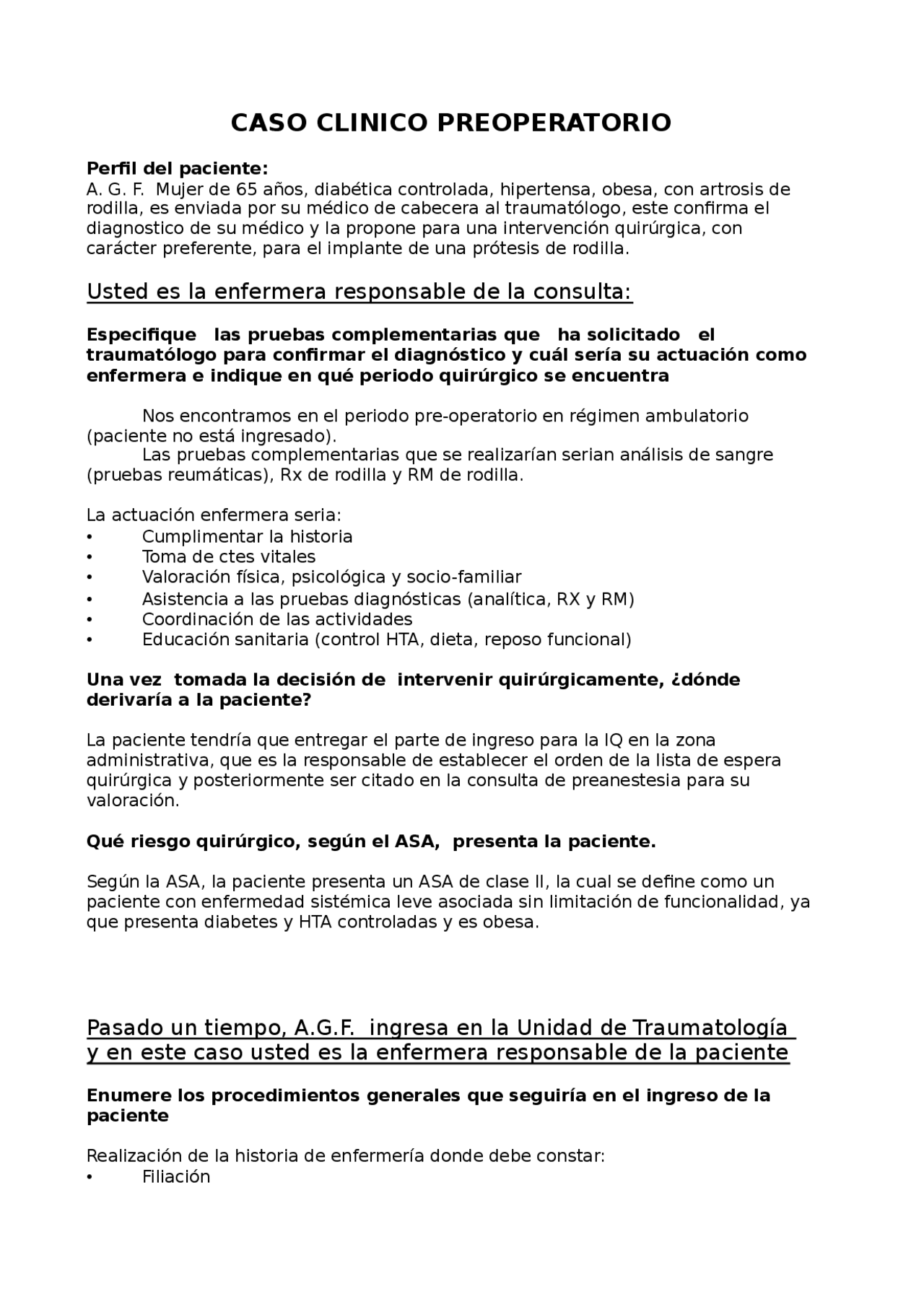 Examen adulto1 preoperatorio - Exámenes de Enfermería - Docsity