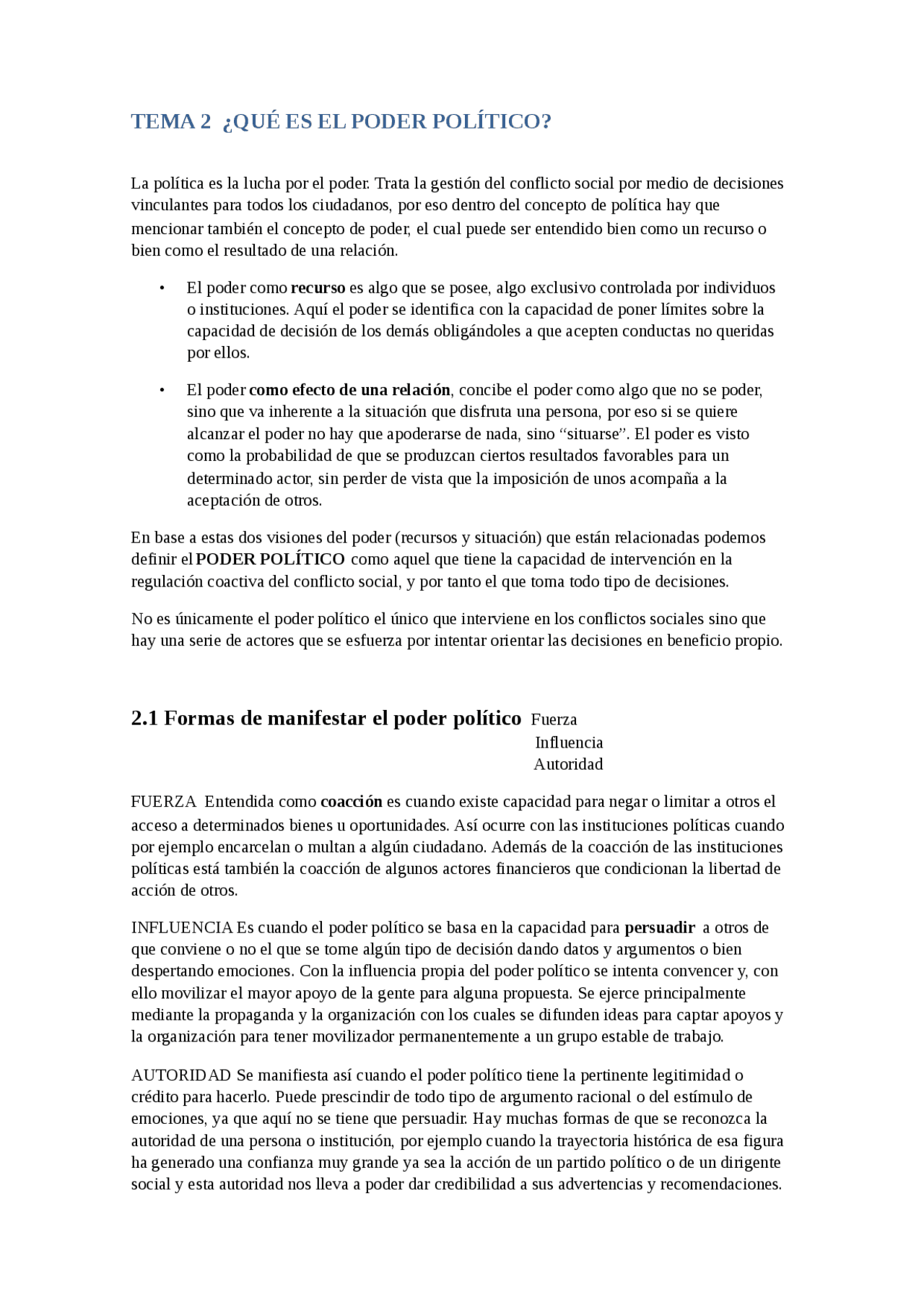 TEMA 2 ¿QUÉ ES EL PODER POLÍTICO - Apuntes de Ciencia Política | Docsity