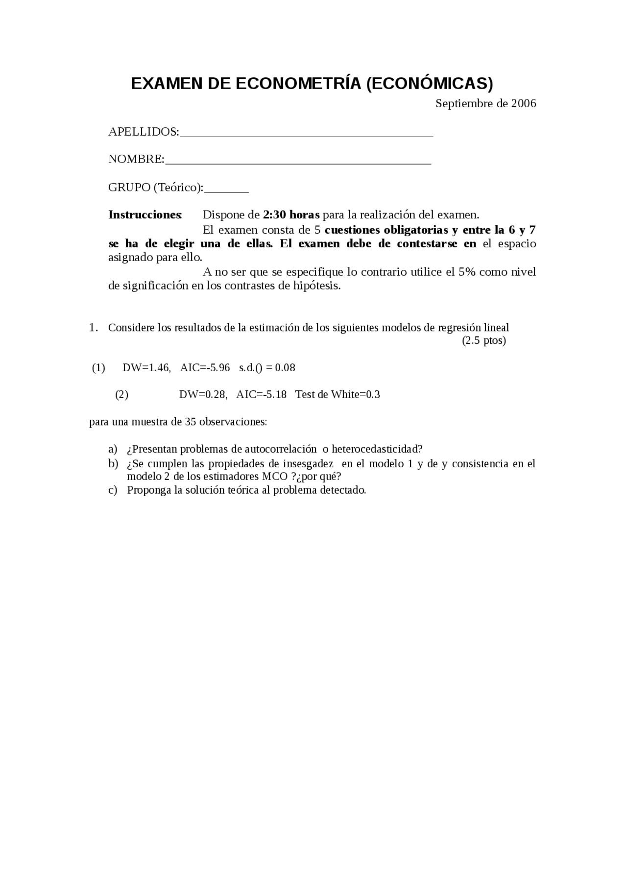 Examen Econometria ADE 2006 - Exámenes de Econometría - Docsity