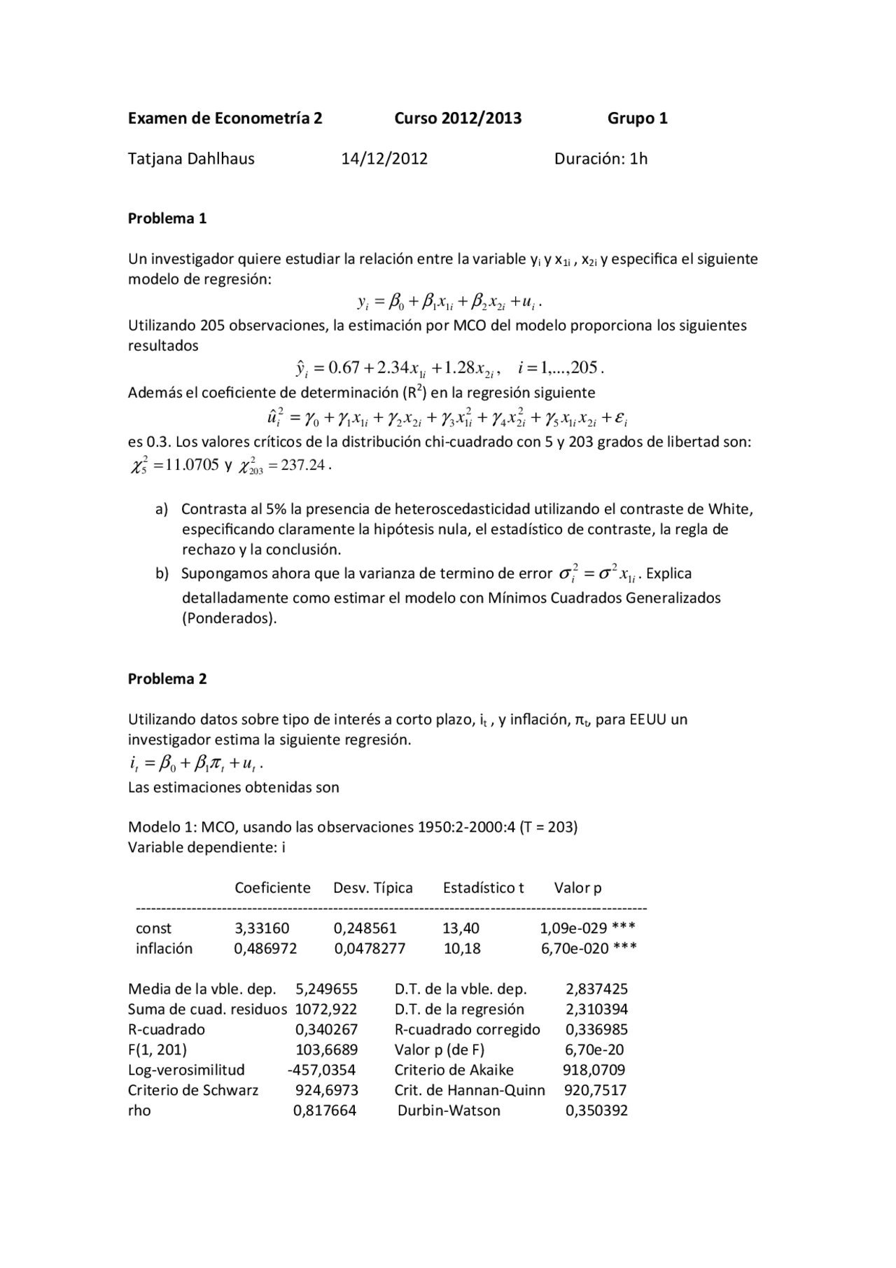 Econometría 11 2013 - Exámenes de Econometría - Docsity