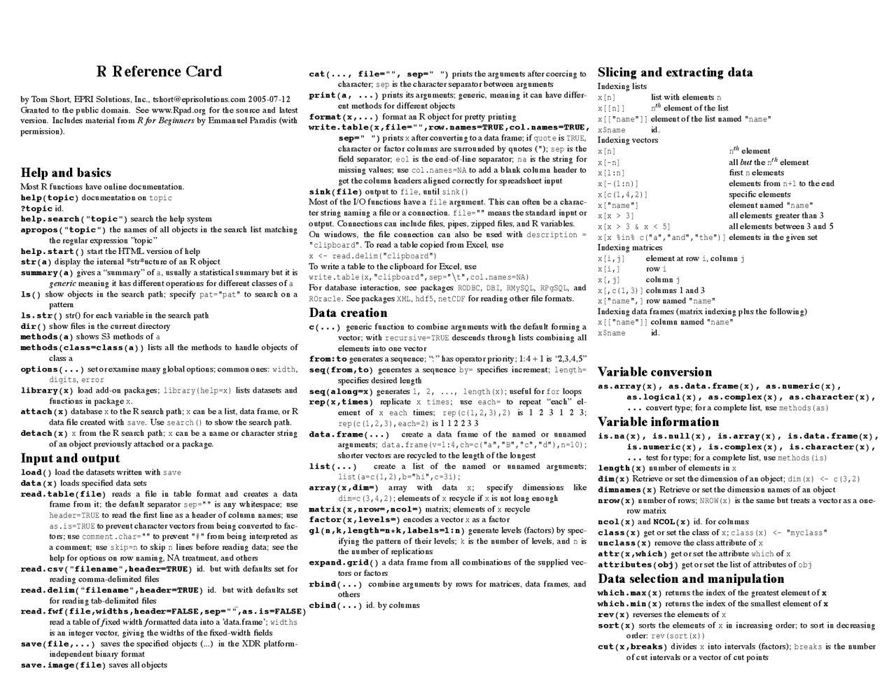R reference card - Apuntes de Estadística - Docsity
