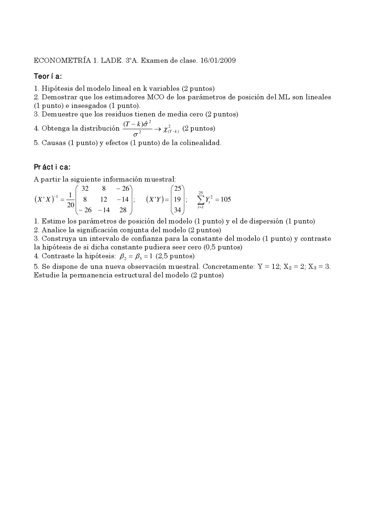 Examenes econometria 1 - Exámenes de Econometría - Docsity