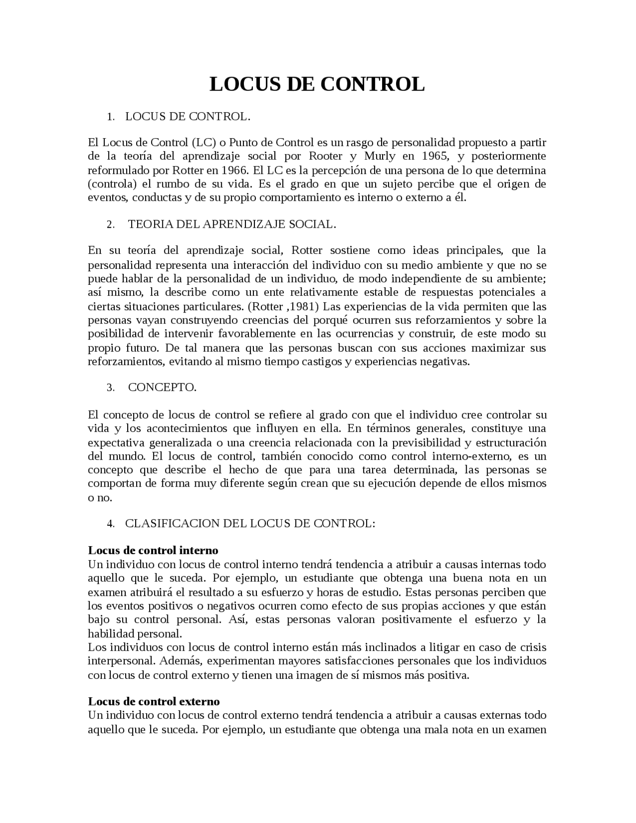 Locus de control - Apuntes de Psicología - Docsity