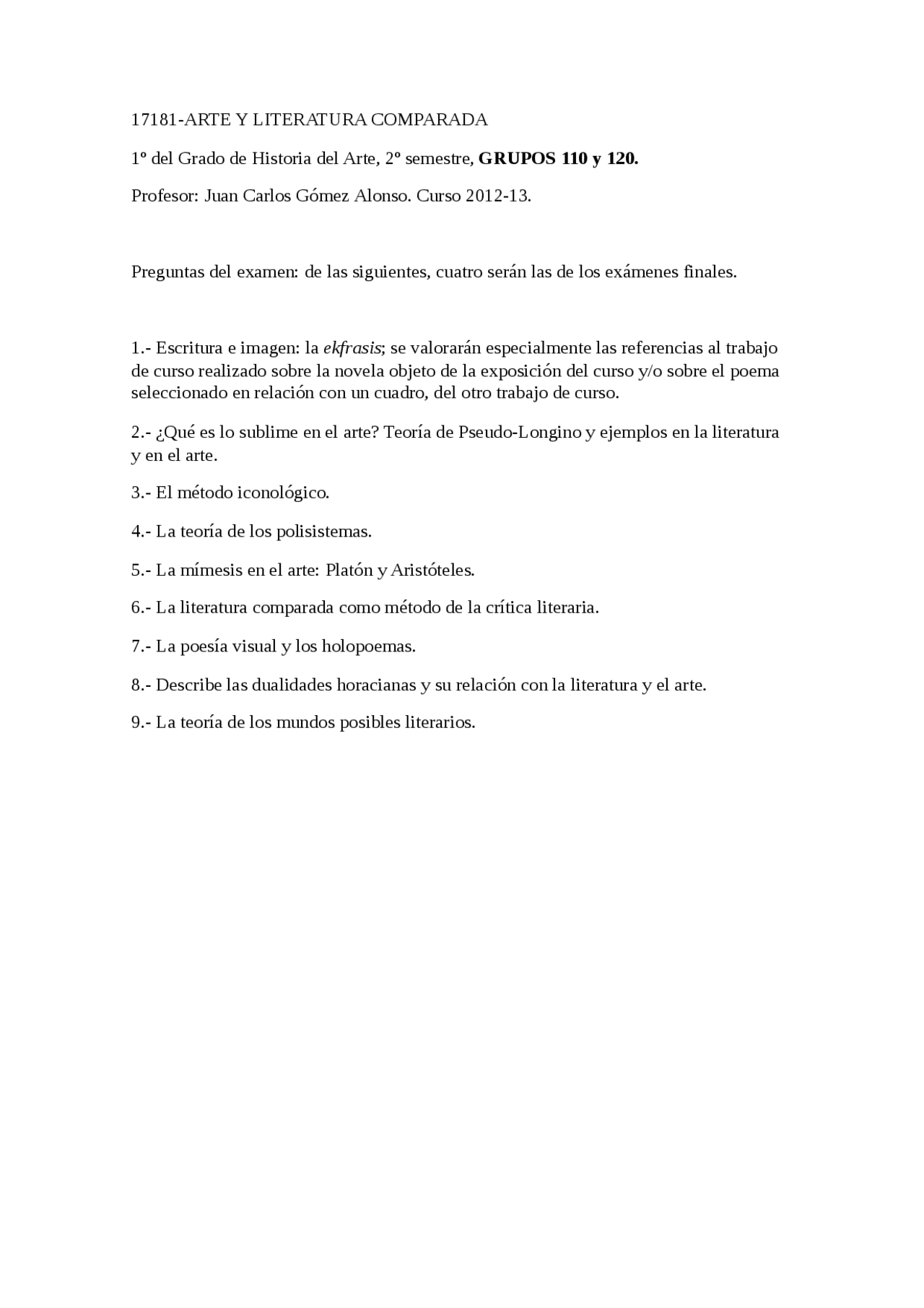 Preguntas examen - Exámenes de Historia del Arte | Docsity