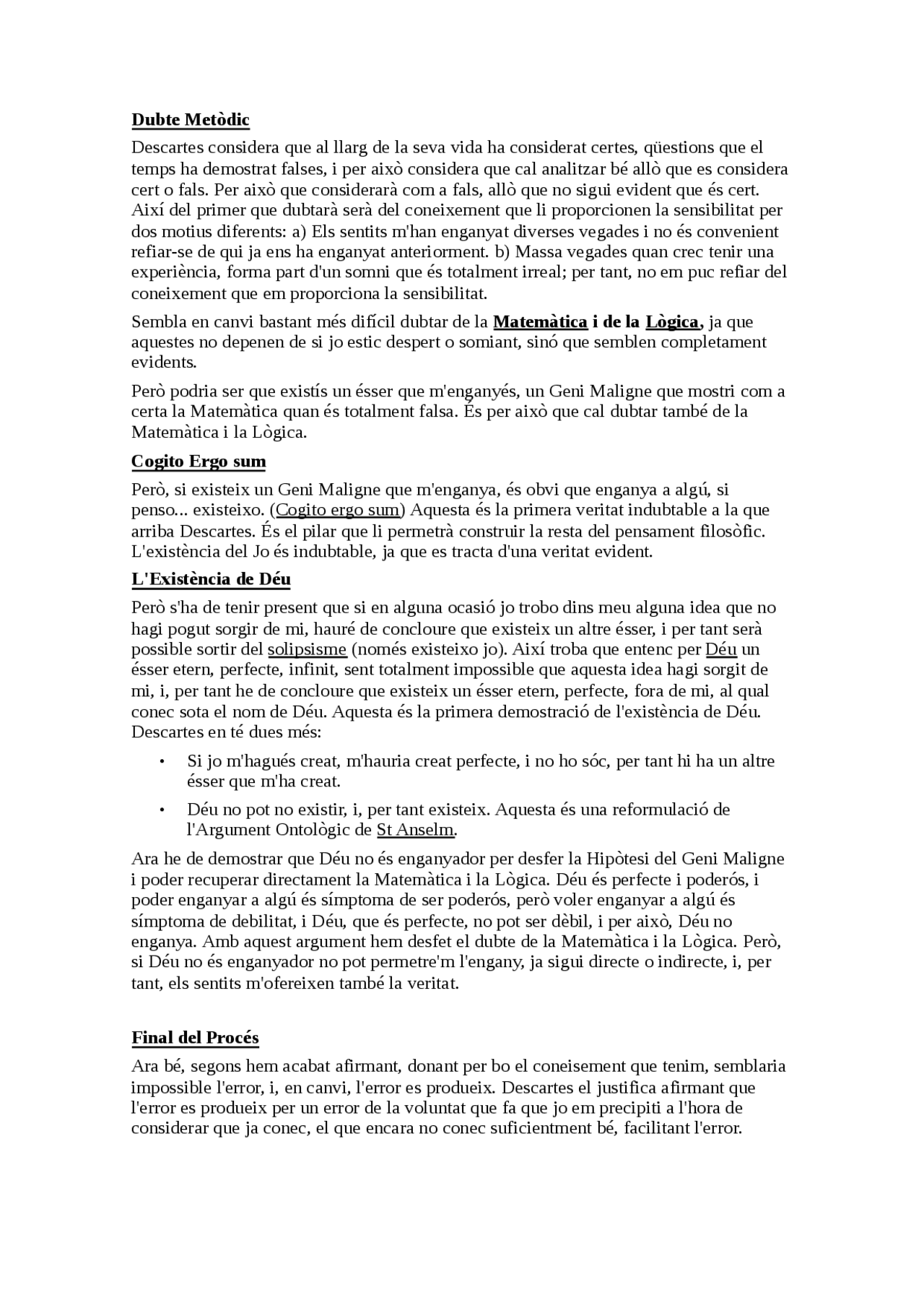 Filosofia- Descartes- dubte metòdic - Apuntes de Historia - Docsity
