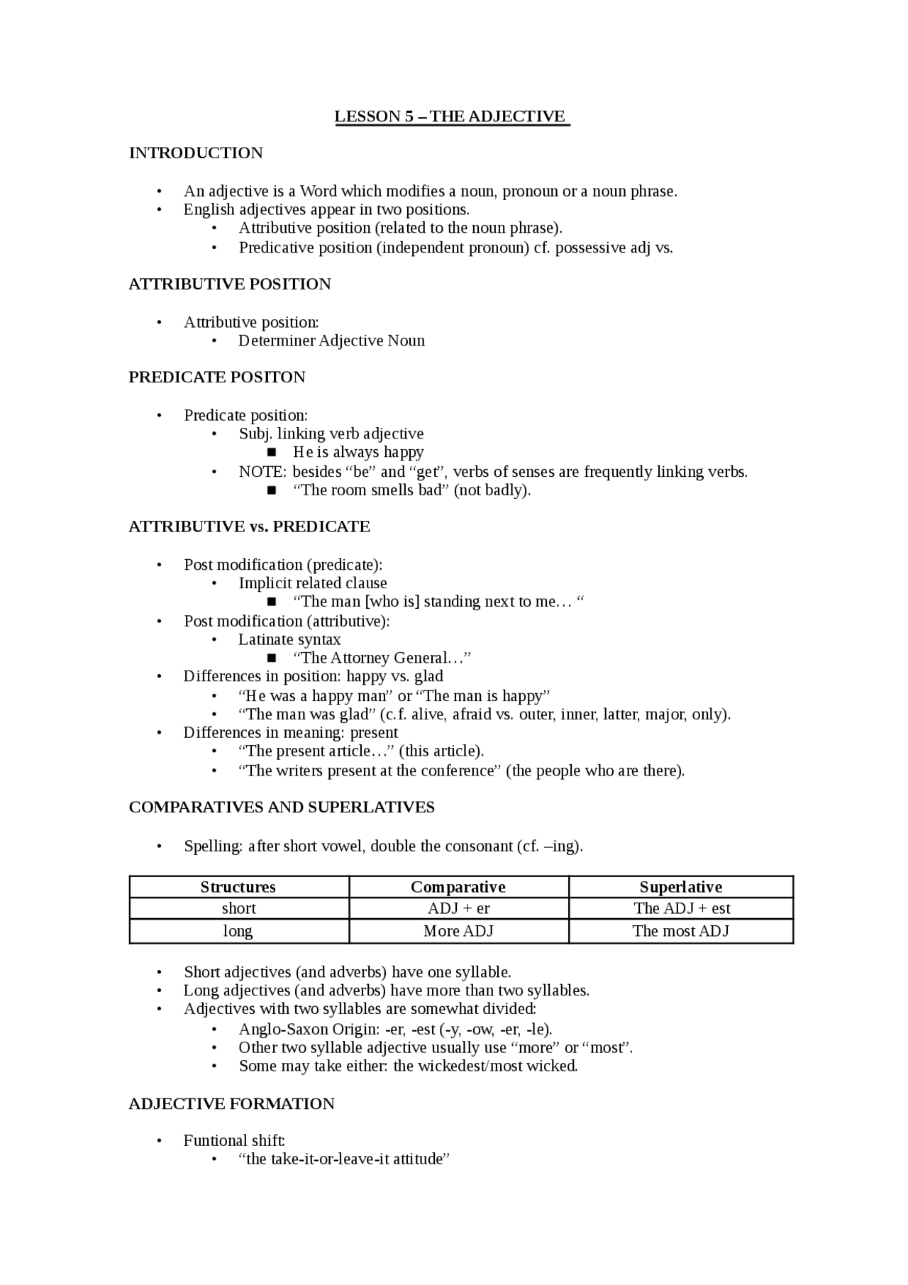 LESSON 5 – THE ADJECTIVE INTRODUCTION - Apuntes de Idioma Inglés - Docsity