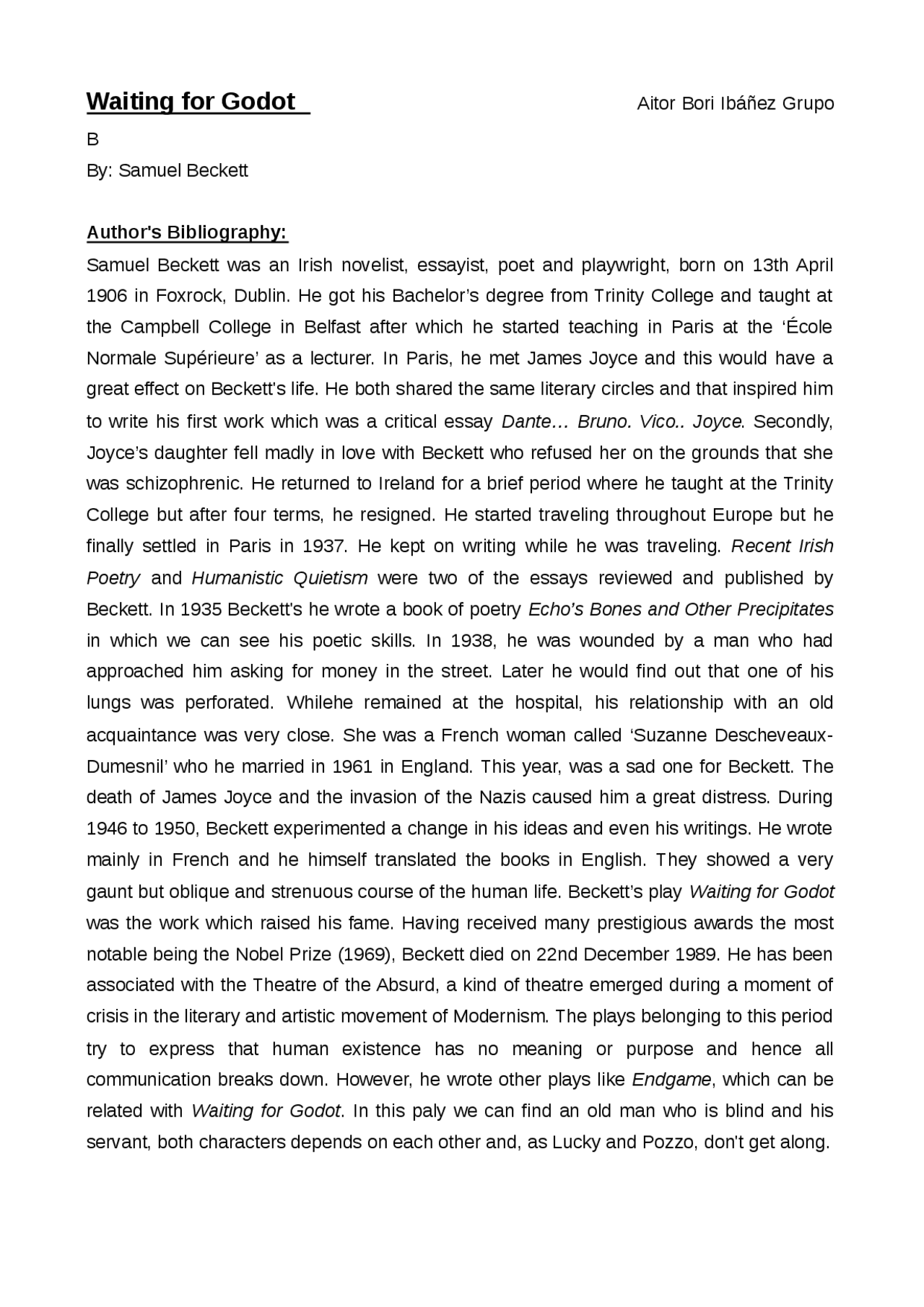 Waiting for Godot Review - Apuntes de Teatro - Docsity
