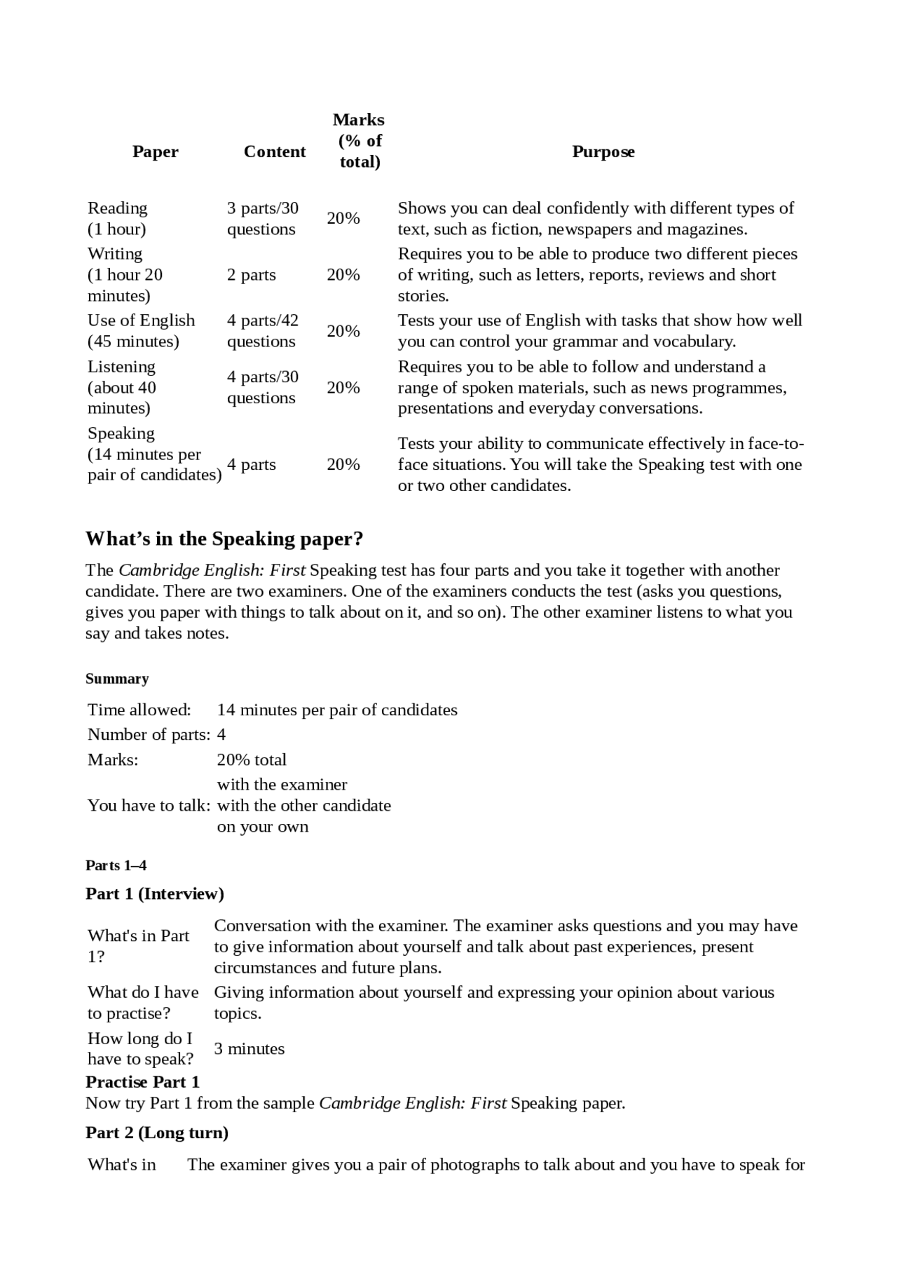 What’s in the Speaking paper The Cambridge English: First Speaking ...