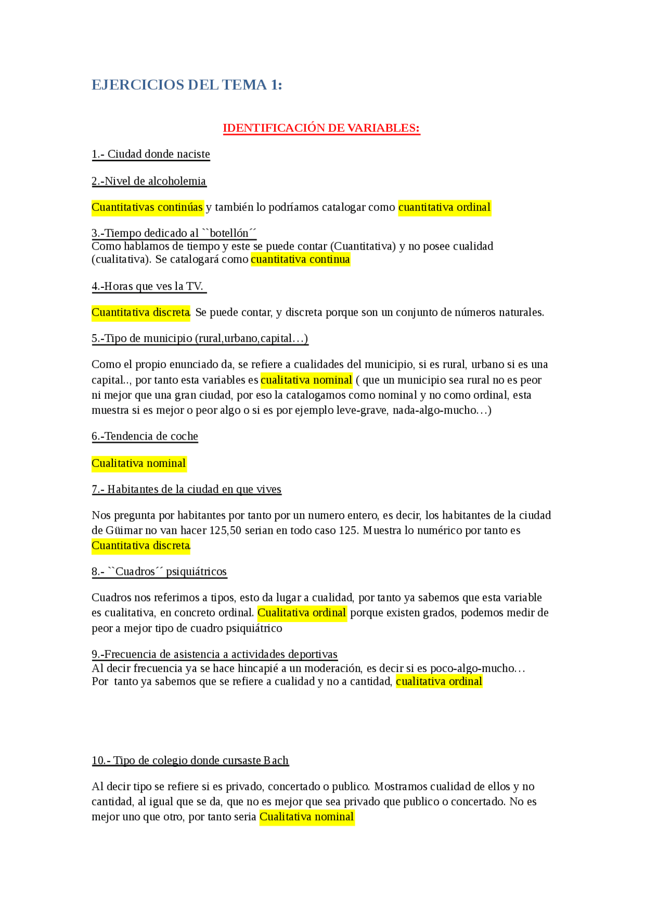 Ejemplos con Tipos de Variables - Ejercicios de Estadística | Docsity
