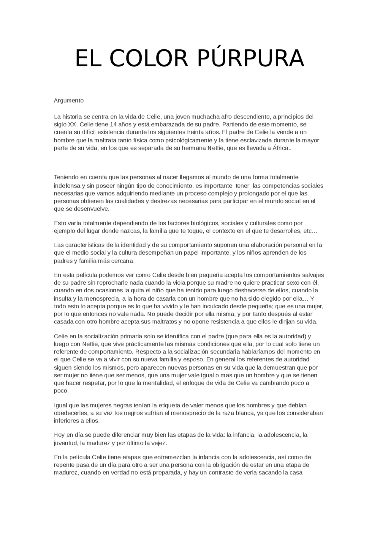 Pelicula, el color purpura - Apuntes de Trabajo Social - Docsity
