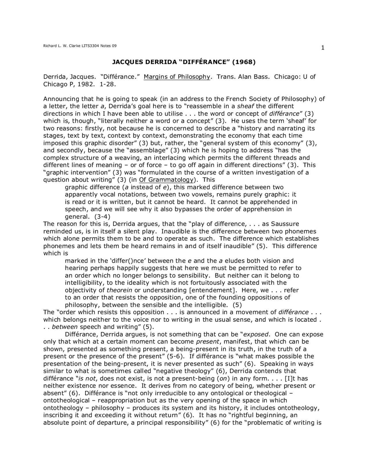 JACQUES DERRIDA “DIFFÉRANCE” (1968 Derrida, Jacques. “Différance ...
