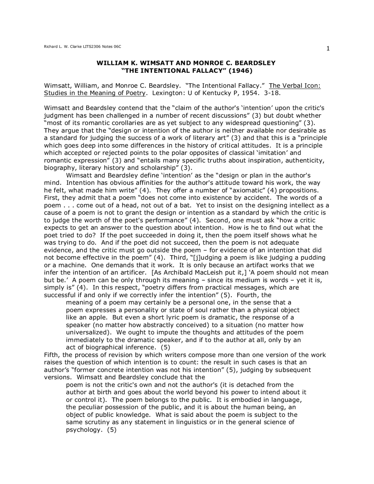 WILLIAM K. WIMSATT AND MONROE C. BEARDSLEY “THE INTENTIONAL FALLACY ...