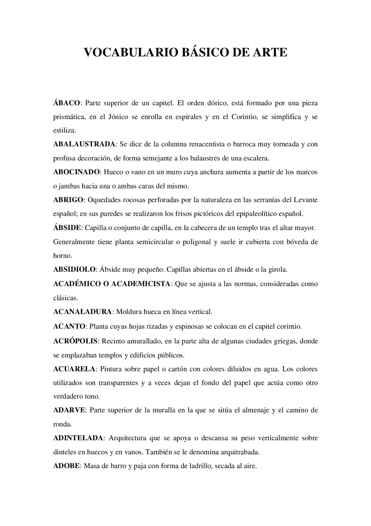 Vocabulario básico de arte - Apuntes de Arte - Docsity