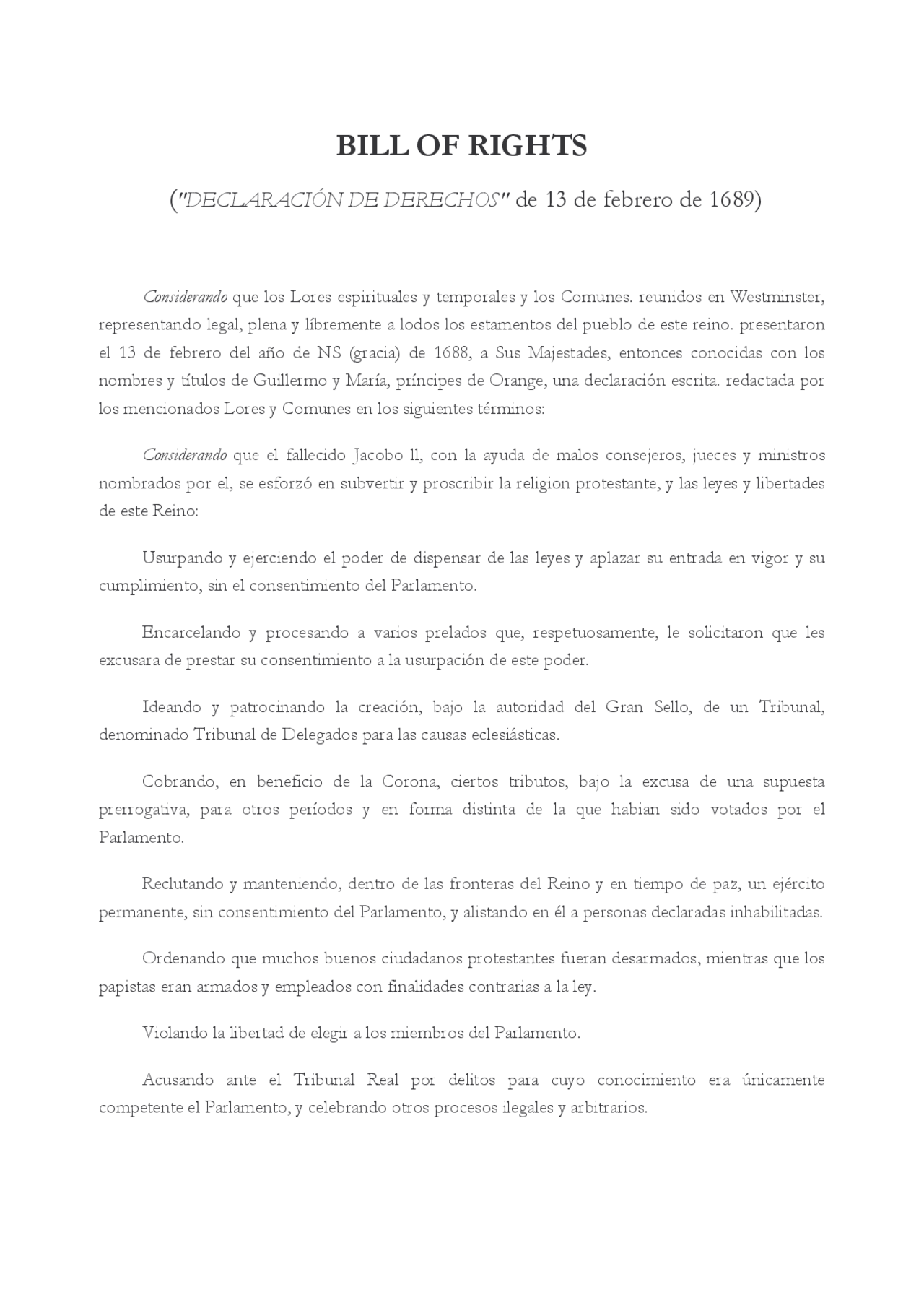 Bill of rights - Apuntes de Sociología - Docsity