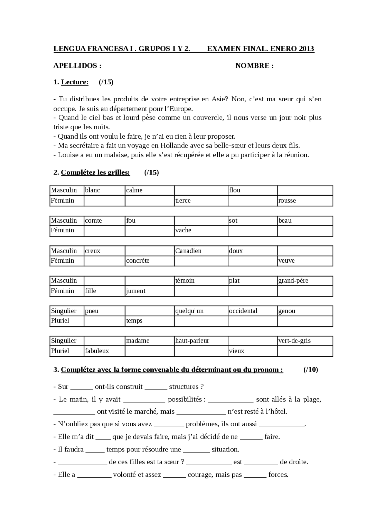 Examen francés final 2013 - Exámenes de Idioma Francés - Docsity