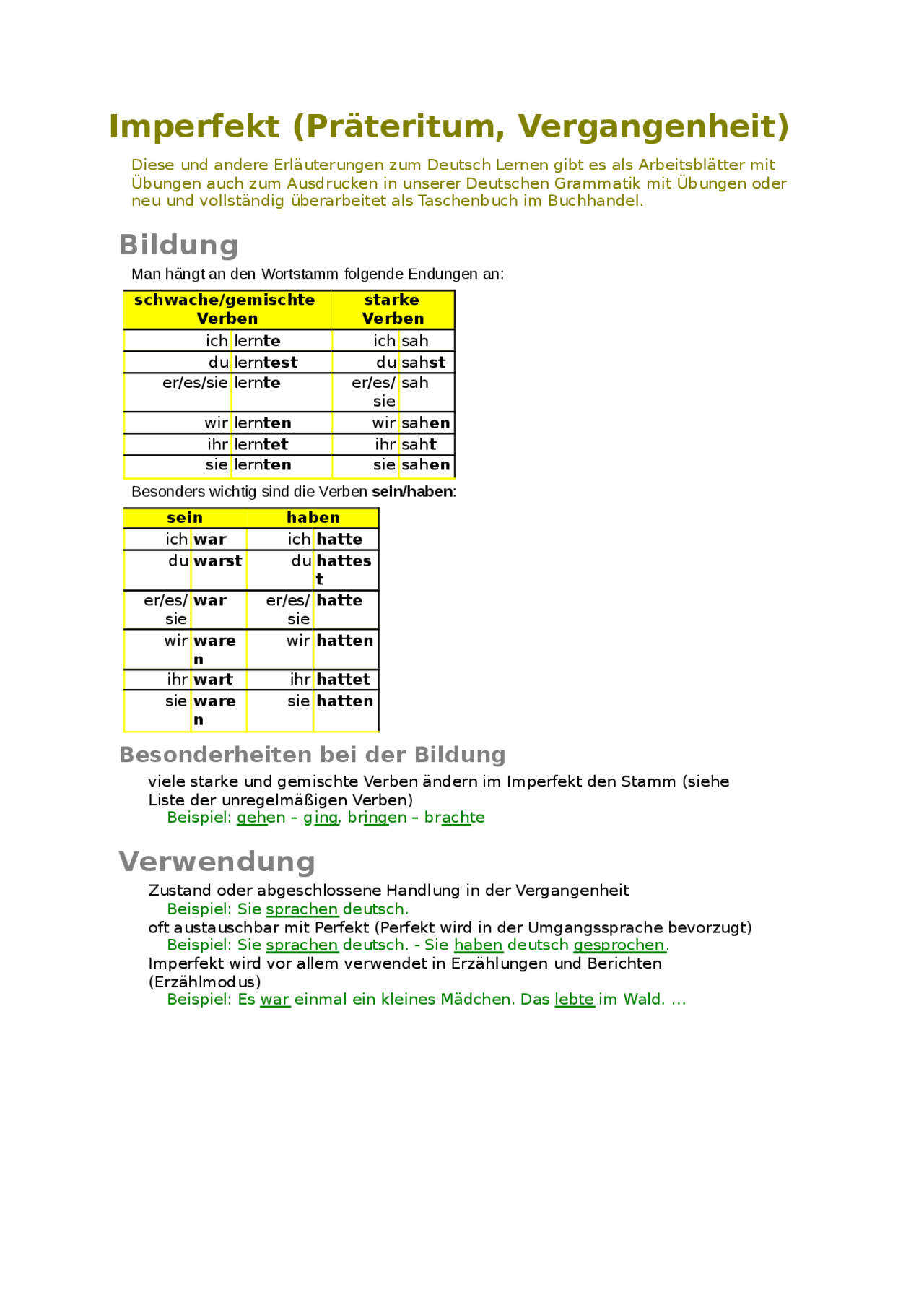 Imperfekt (Präteritum, Vergangenheit Diese und andere Erläuterungen ...
