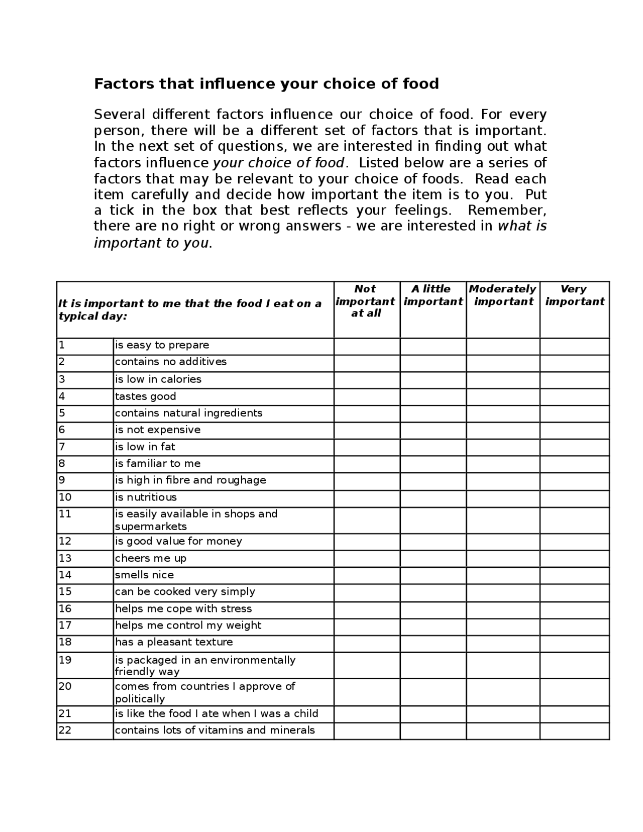 Food choice questionnaire - Apuntes de Psicología - Docsity