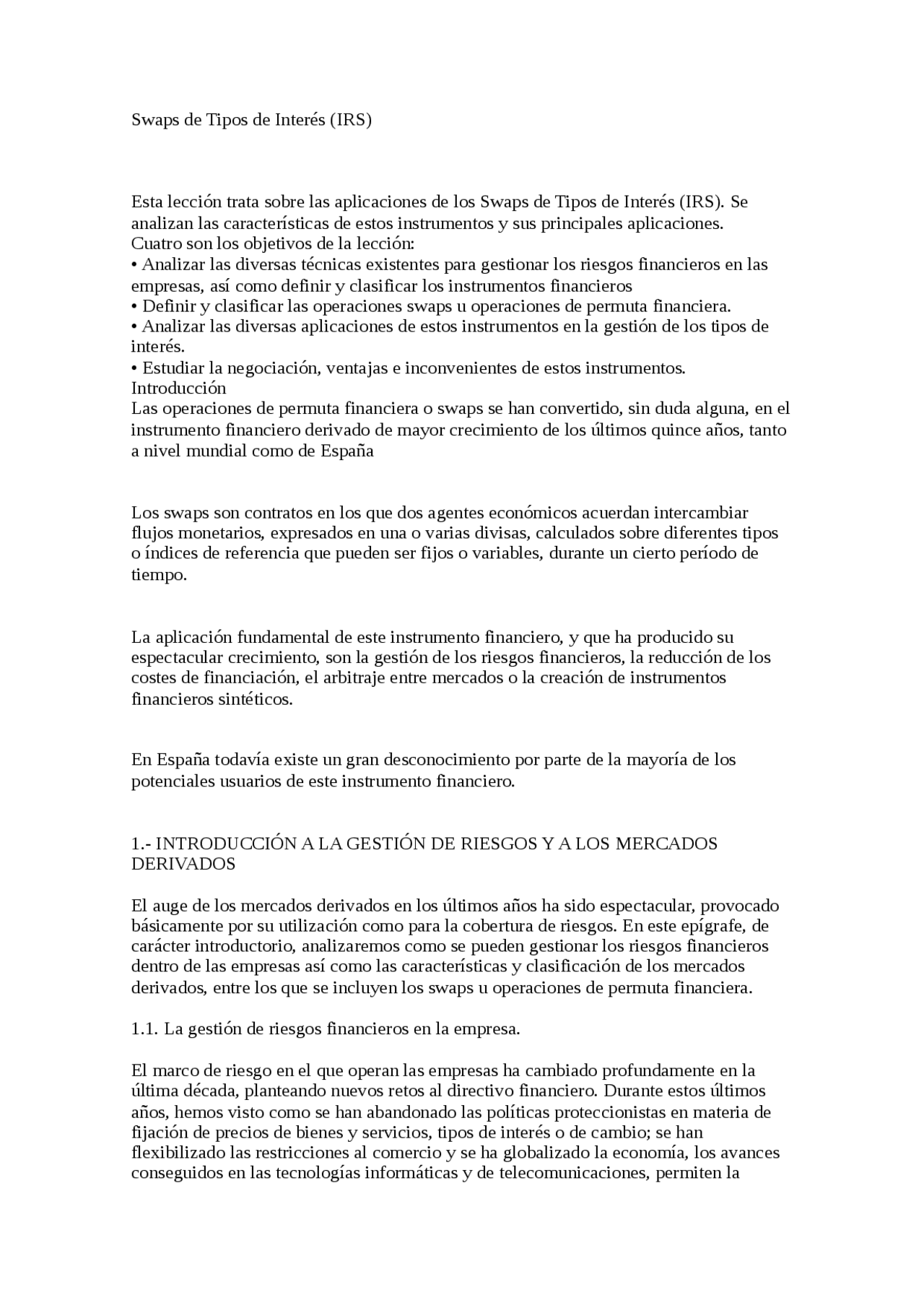 Swaps de Tipos de Interés - Apuntes de Administración de Empresas - Docsity