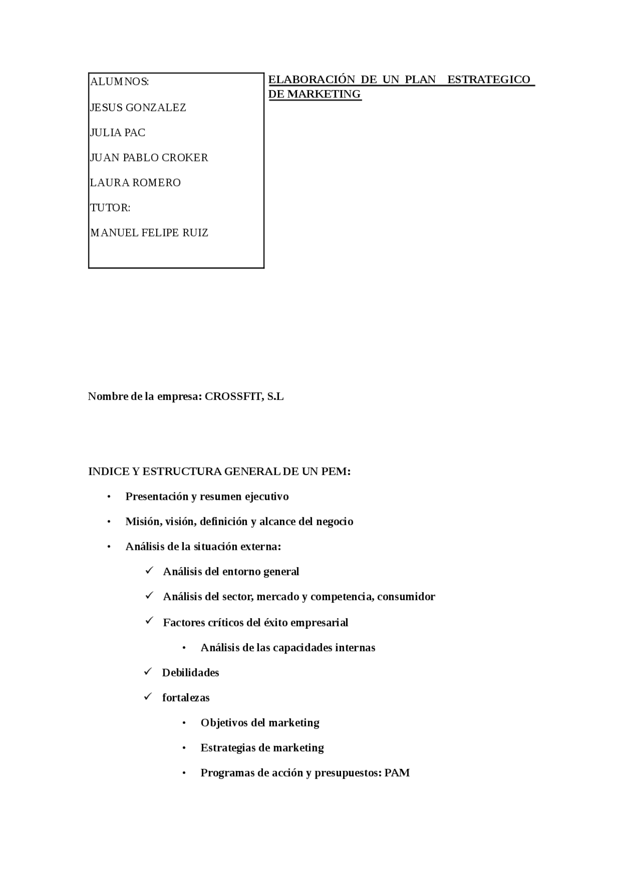 Estructura general de un PEM - Apuntes de Marketing - Docsity