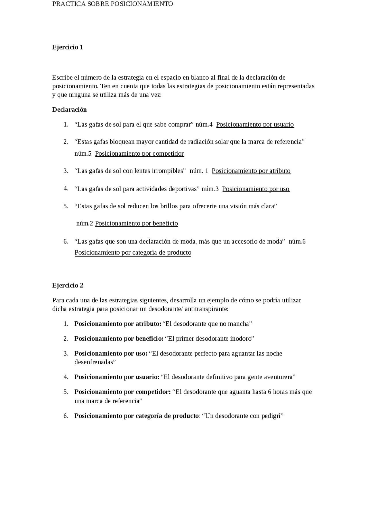 PRACTICA SOBRE POSICIONAMIENTO - Ejercicios de Marketing | Docsity