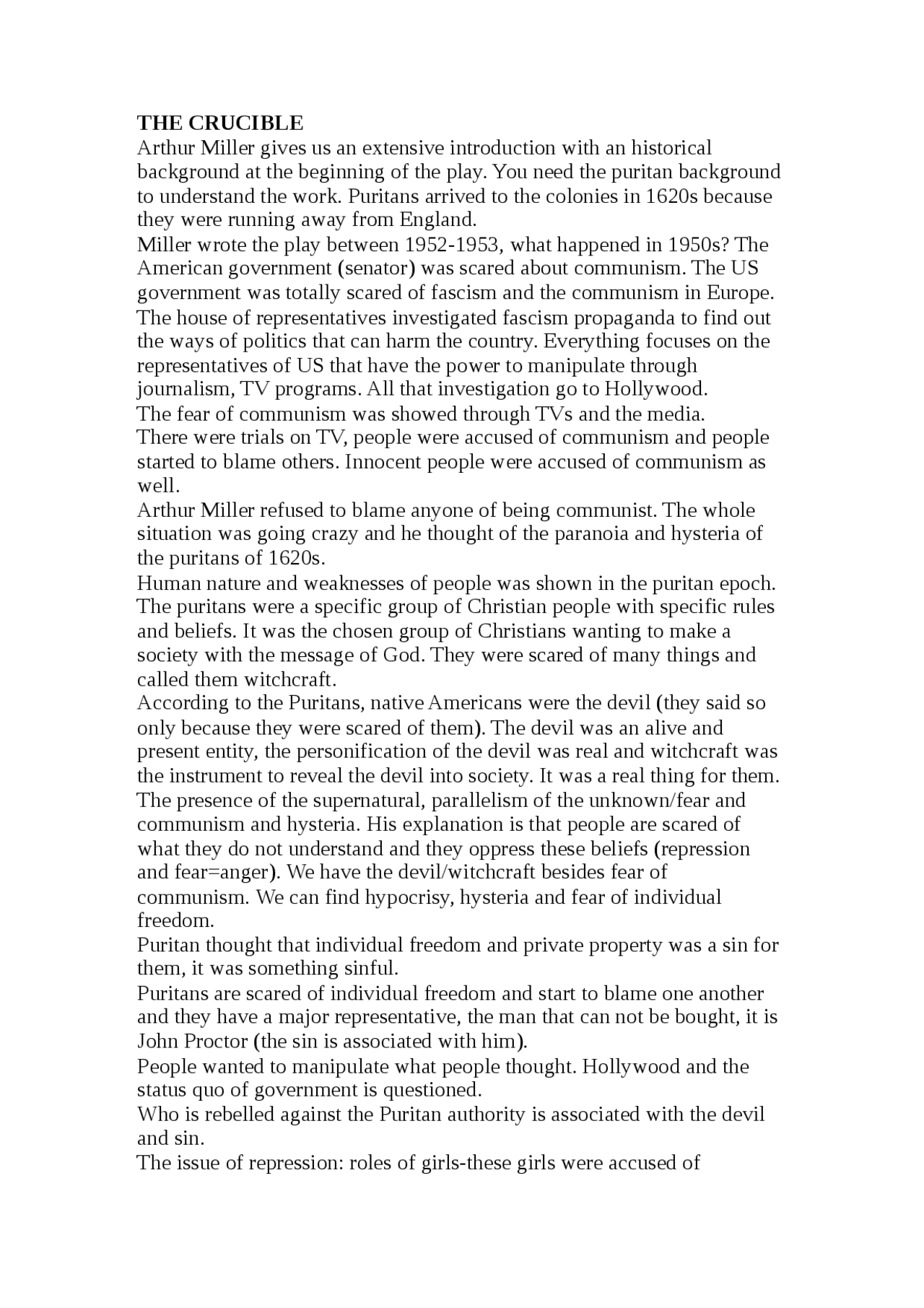 THE CRUCIBLE Arthur Miller - Apuntes de Literatura Americana - Docsity