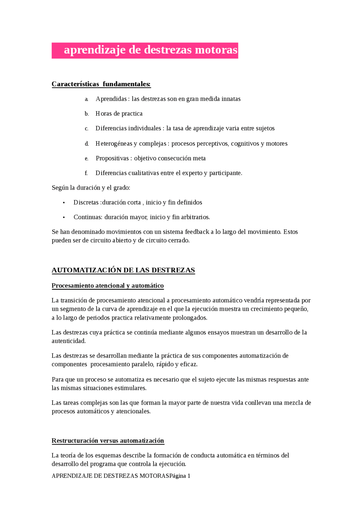 Destrezas motoras - Apuntes de Psicología - Docsity