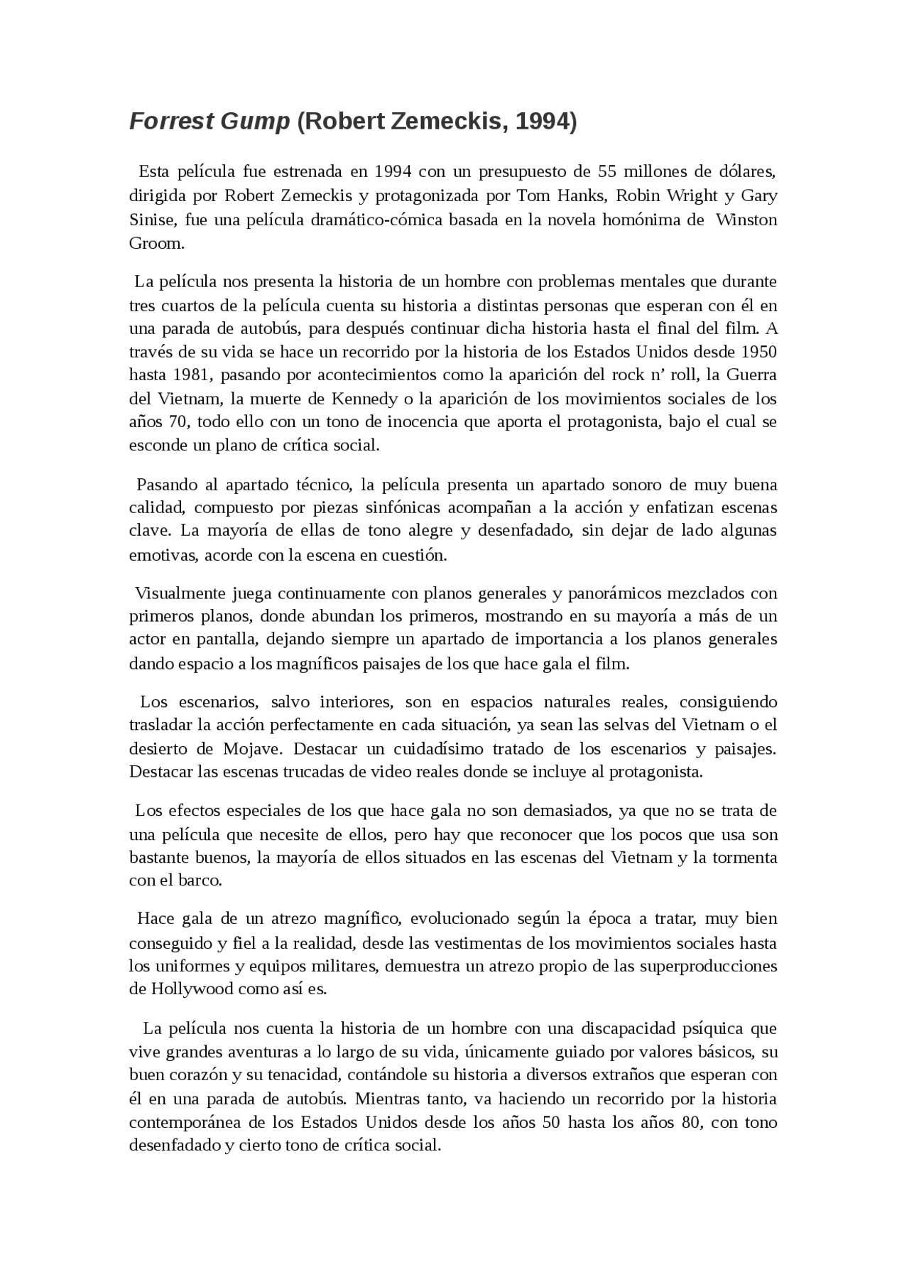 Ensayo sobre Forrest Gump - Monografías, Ensayos de Historia de España ...
