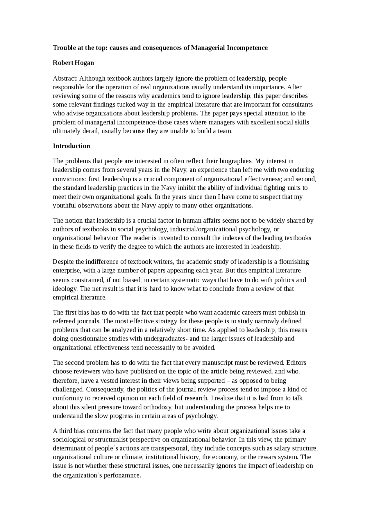 Trouble at the top: causes and consequences of Managerial Incompetence ...