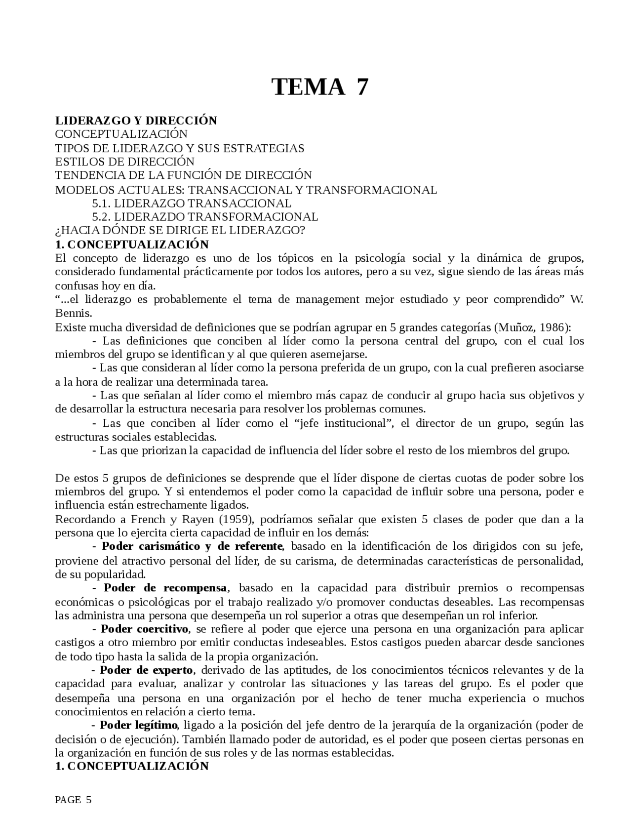 TEMA 7 LIDERAZGO Y DIRECCIÓN CONCEPTUALIZACIÓNTIPOS DE LIDERAZGO Y SUS ...