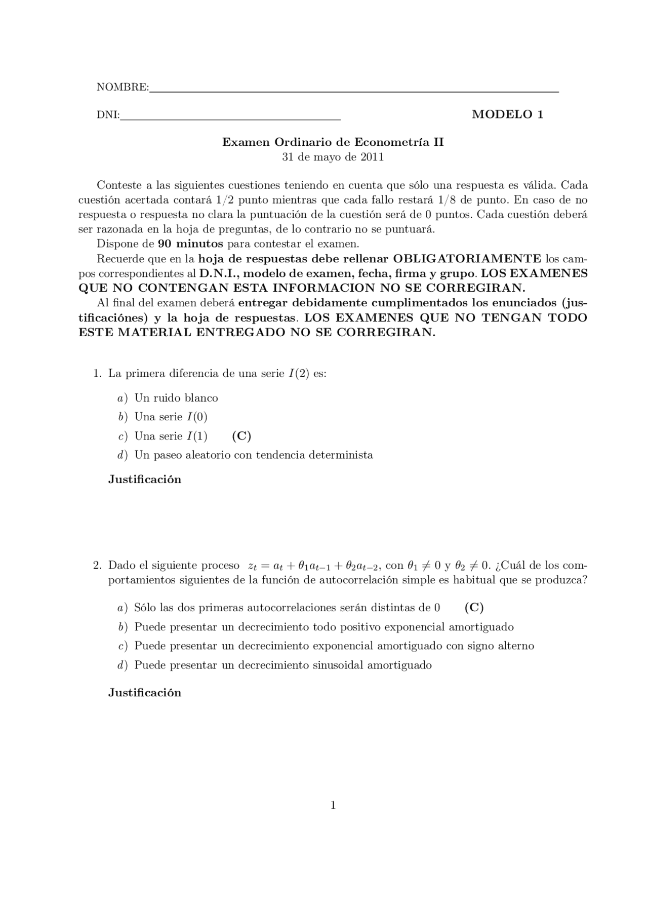 Examen econometria II - Exámenes de Econometría - Docsity