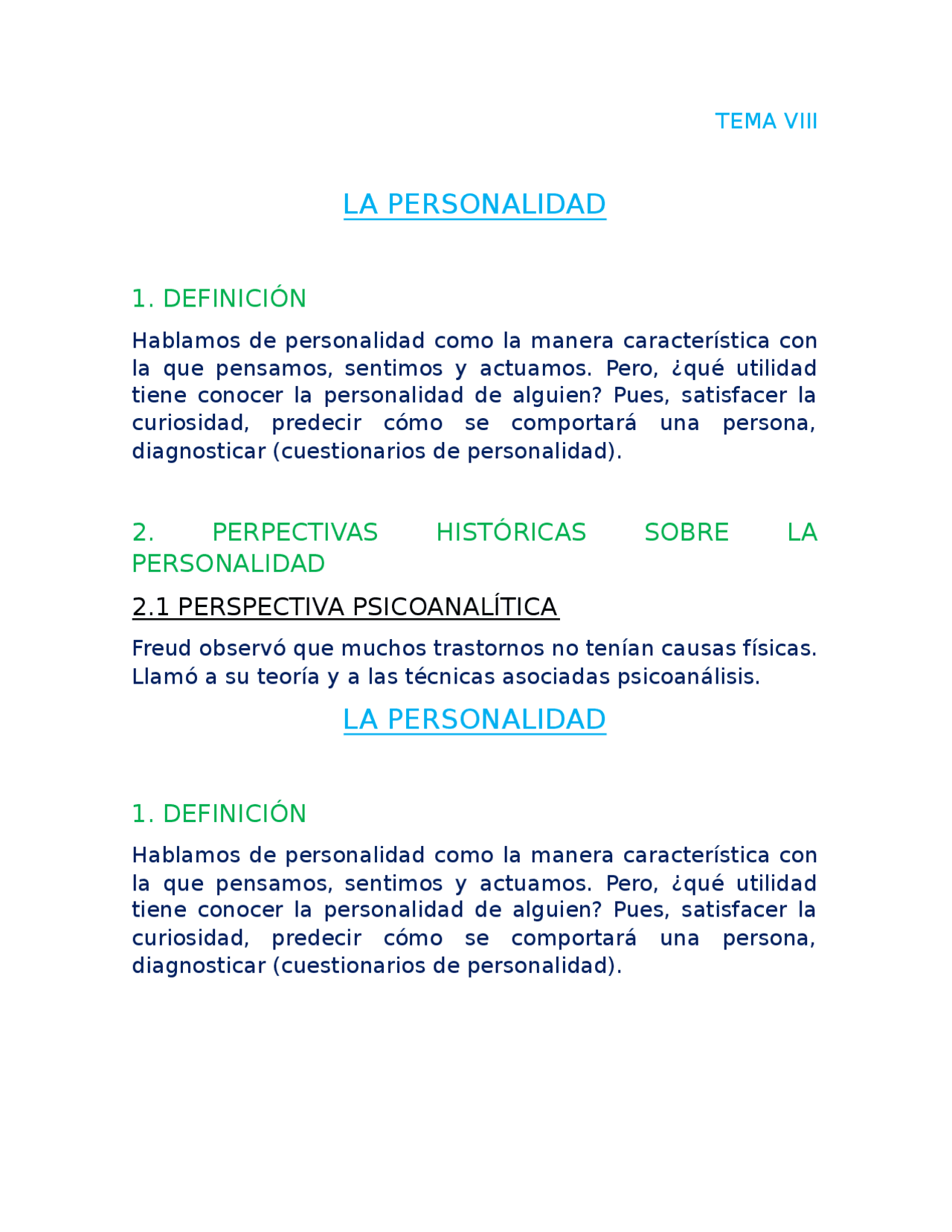 La personalidad, definición - Apuntes de Psicología | Docsity