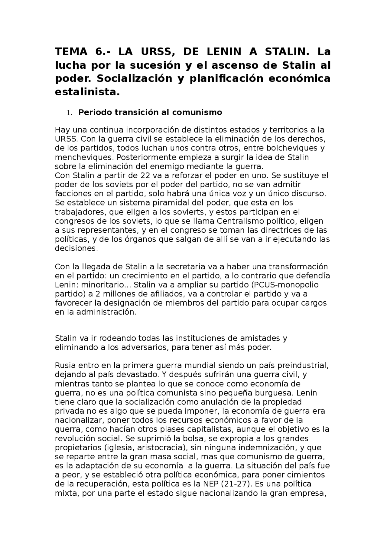 TEMA 6.- LA URSS, DE LENIN A STALIN. La lucha por la sucesión y el ...