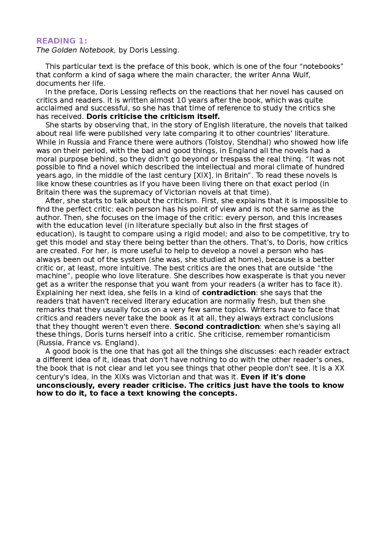 Notes about The Golden Notebook - Apuntes de Literatura inglesa - Docsity