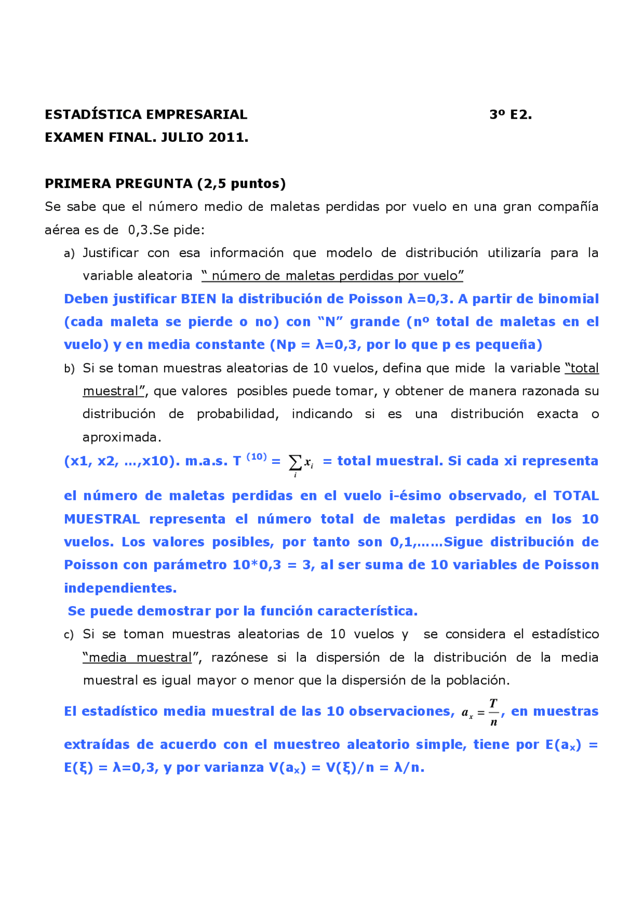 Examen resuelto ICADE Estadistica II - Exámenes de Estadística | Docsity
