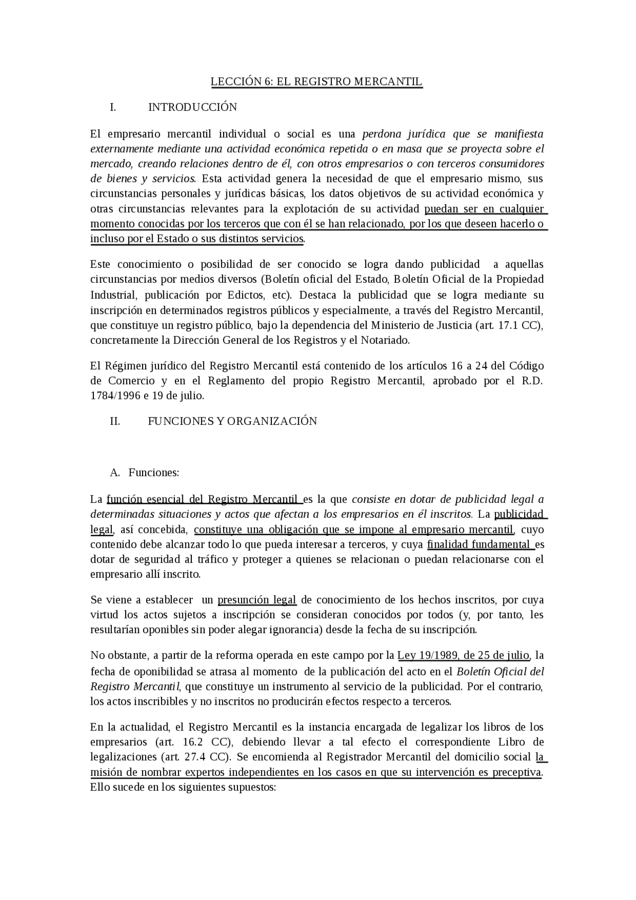 El registro mercantil - Apuntes de Derecho Mercantil - Docsity