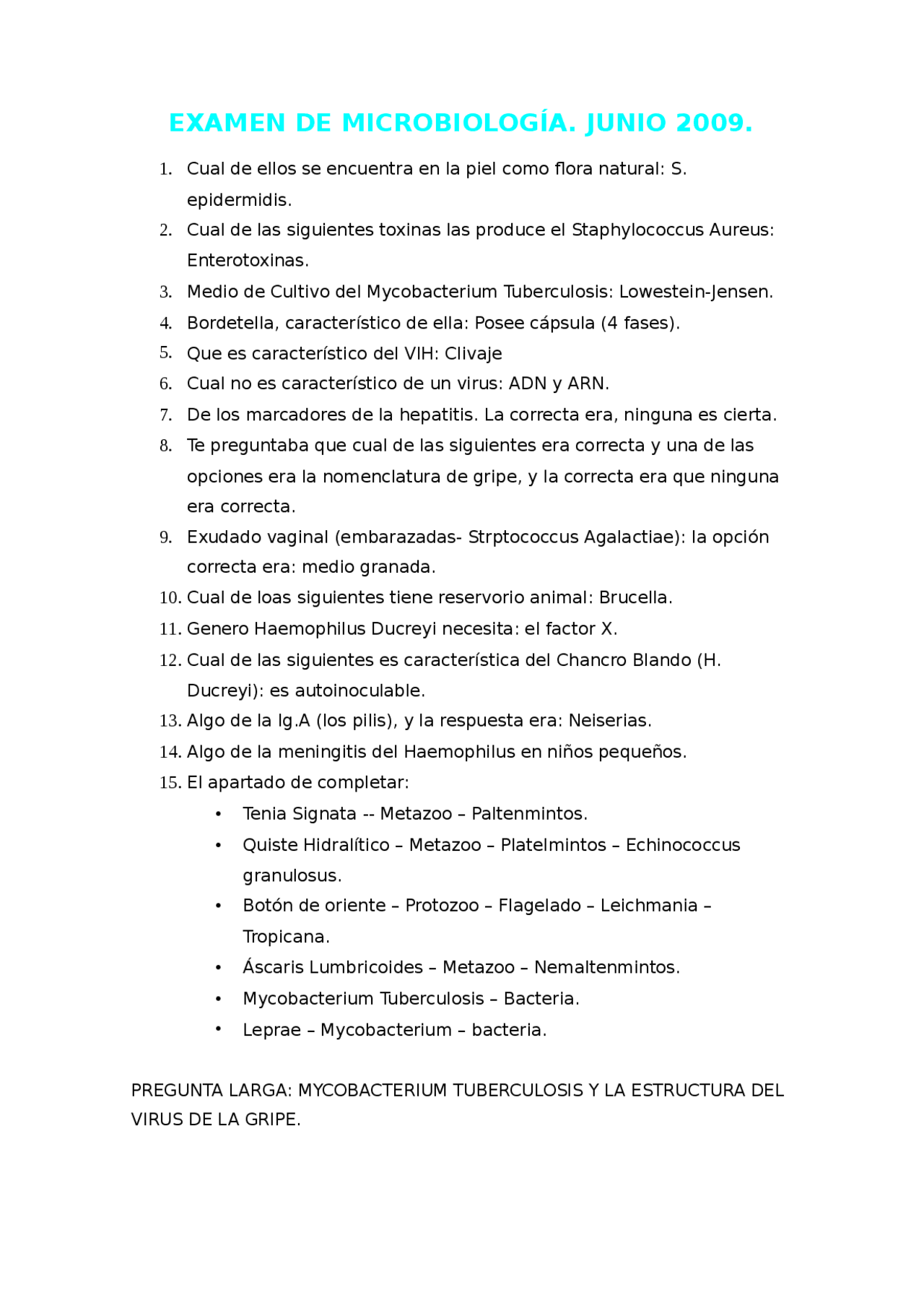 examen micro junio 2009 - Exámenes de Microbiología | Docsity