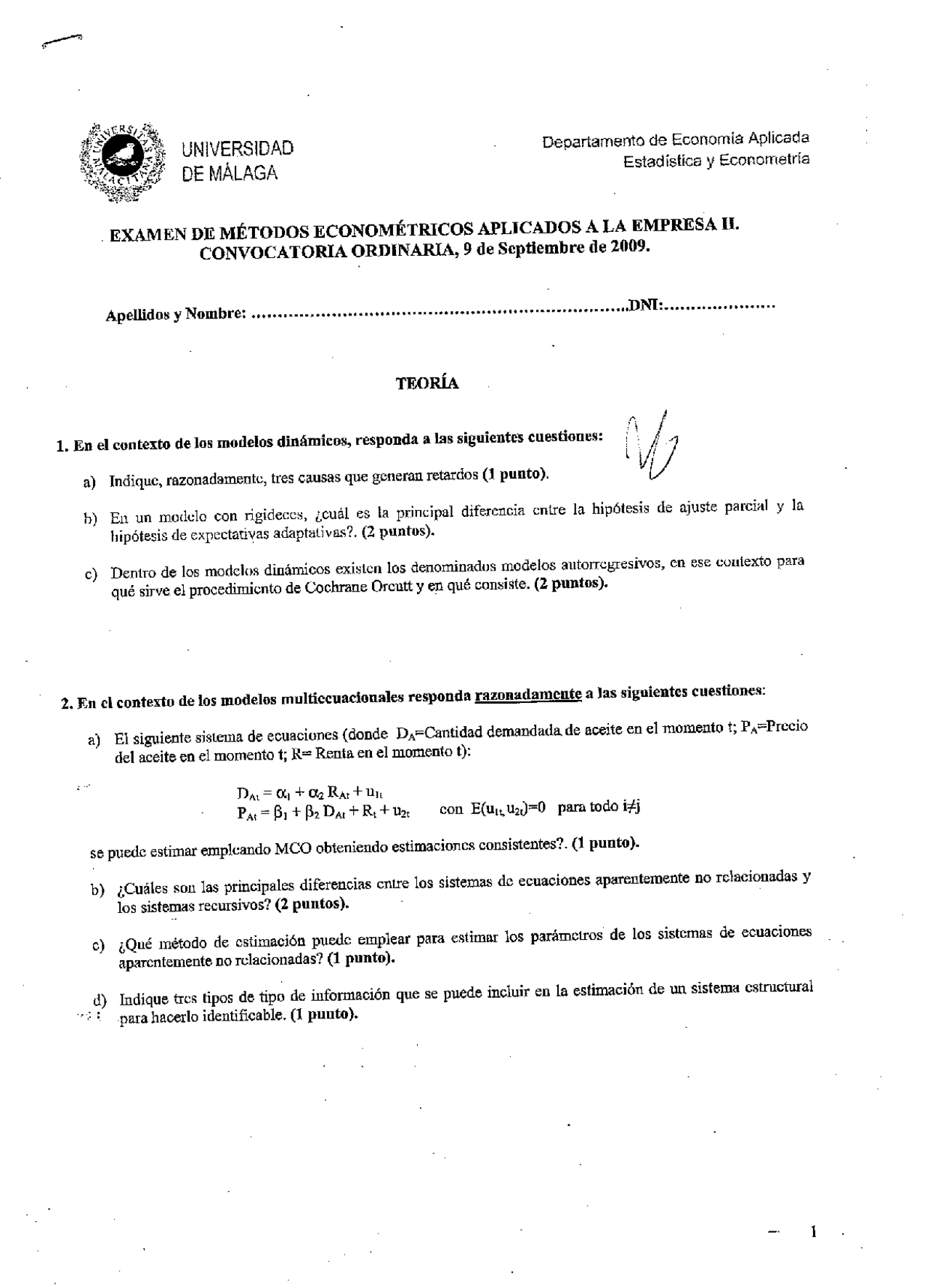 Examen Econometria - Exámenes de Econometría | Docsity