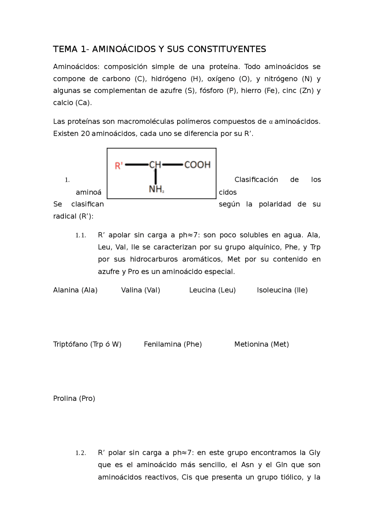 TEMA 1- AMINOÁCIDOS Y SUS CONSTITUYENTES - Apuntes de Bioquímica - Docsity