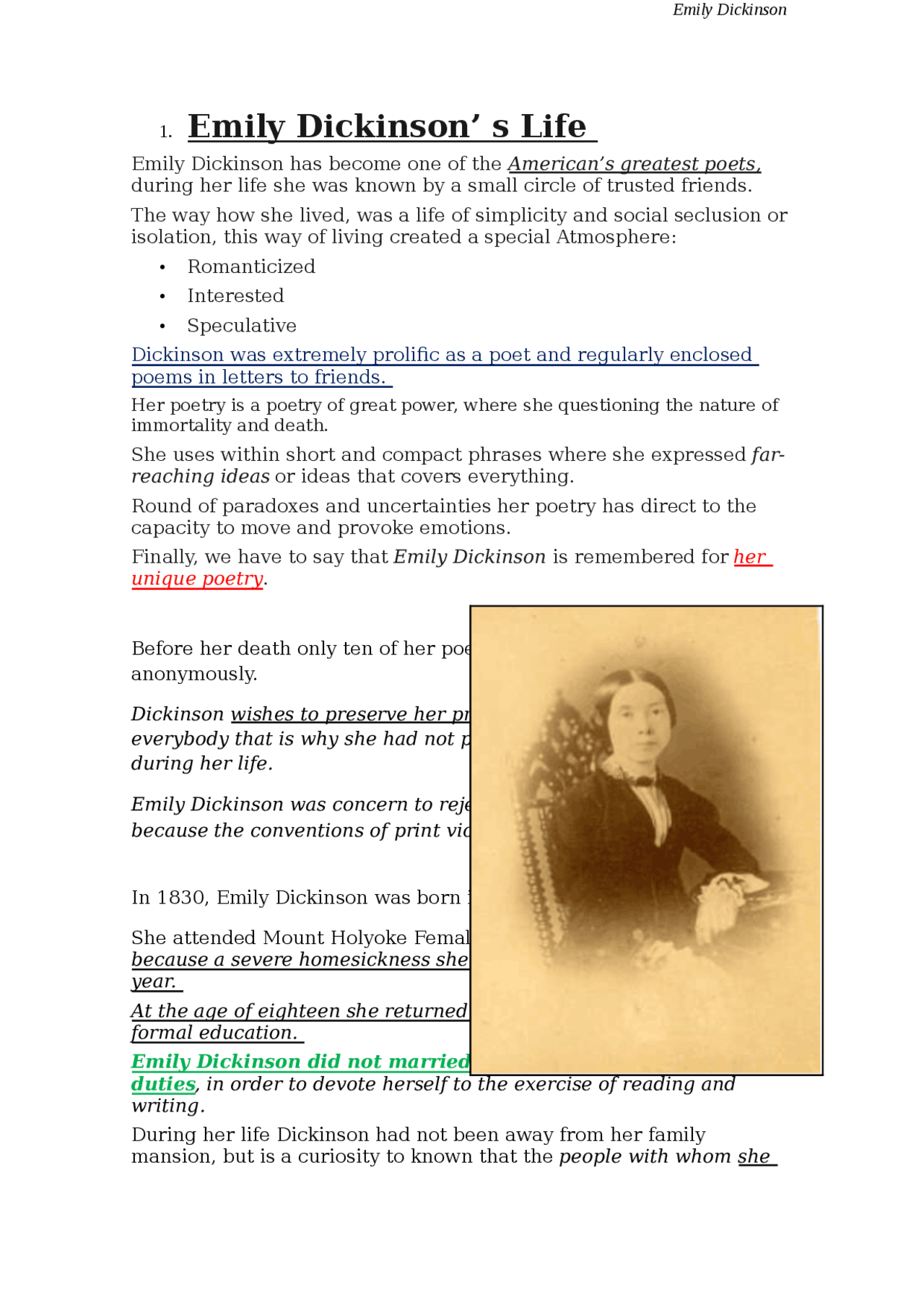 Emily Dickinson - Apuntes de Idioma Inglés - Docsity